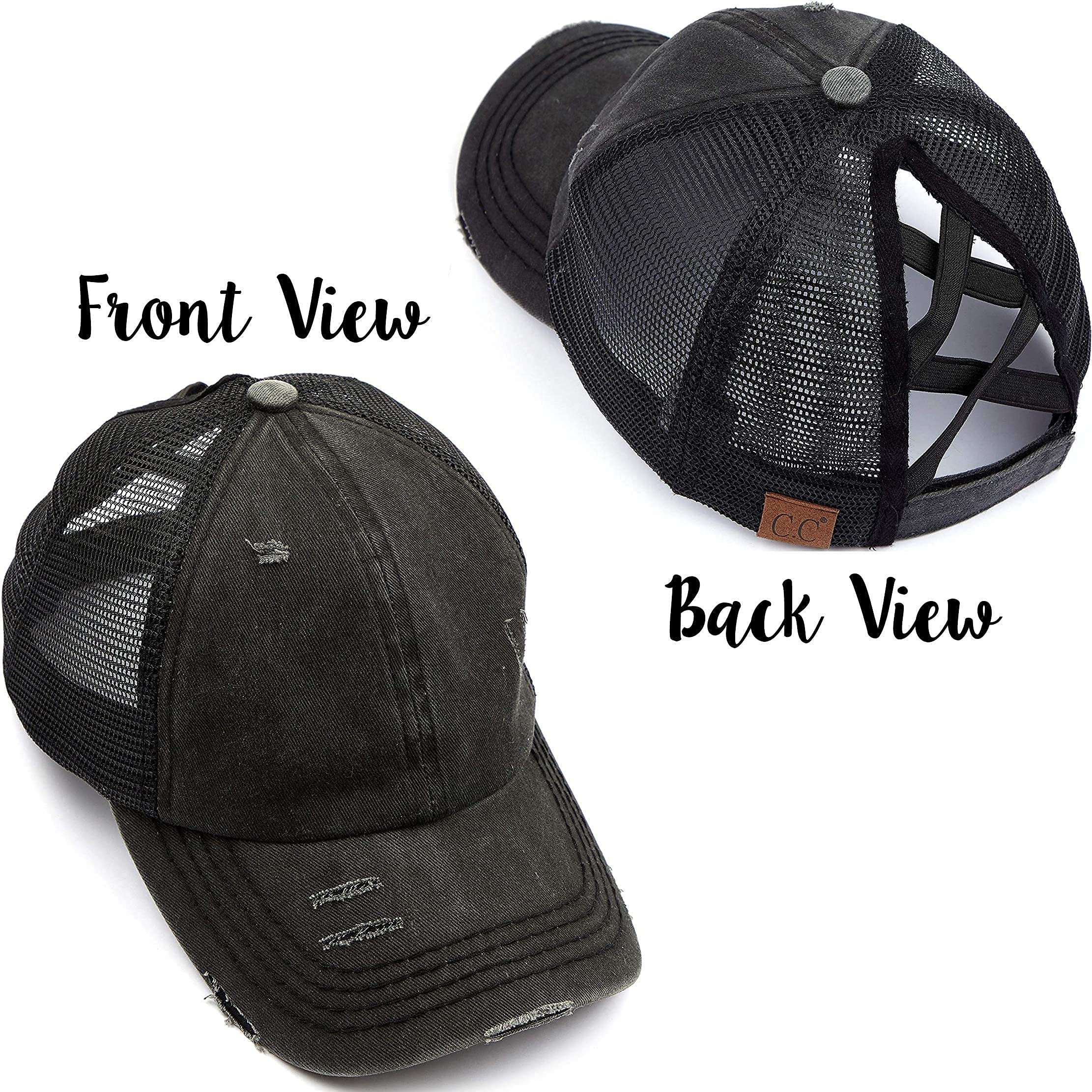 Funky Junque Dad Hat Ponytail Messy Bun Trucker Ponycap (Distressed Black w/Criss Cross Back)