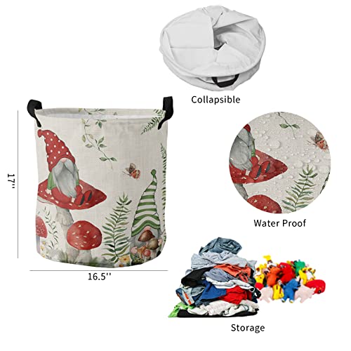 Mushroom Eucalyptus Large Laundry Basket, Collapsible Bag with Easy Carry Handles, Boho Plant Leaves Buffter-fly Waterproof Foldable Freestanding Hamper, Folding Washing Bin Clothes Storage Round