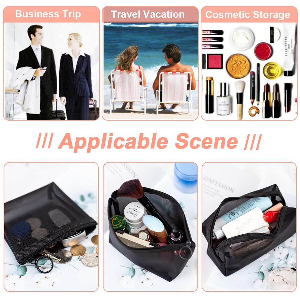 iDeep Mesh Toiletry Bag, 3 Pack Black Nylon Mesh Zipper Pouches Travel Cosmetic Organizer Case for Daily Toiletries Accessories Purse Bag