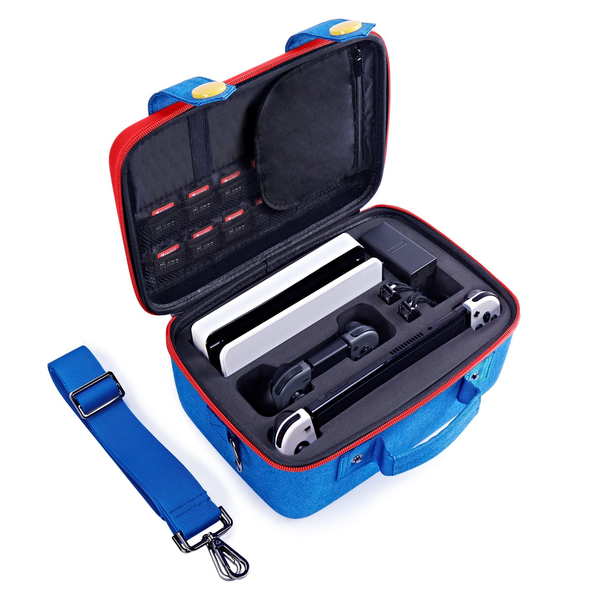 FUNLAB Carrying Case Compatible with Nintendo Switch and Switch OLED Console,Cute Travel Carry Hard Messenger Bag with 14 Games Holder for Switch & Accessories-Red & Blue