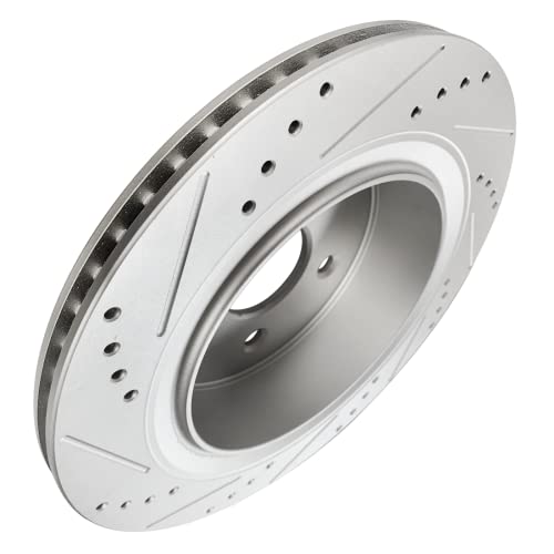 WEIZE Rear Truck & Tow Brake Kit, Carbon Fiber Ceramic Brake Pads & Drilled/Slotted Brake Rotors, Fit for Dodge Ram 1500 Durango Aspen, 13.86" 5 Lug Rear Brake Discs