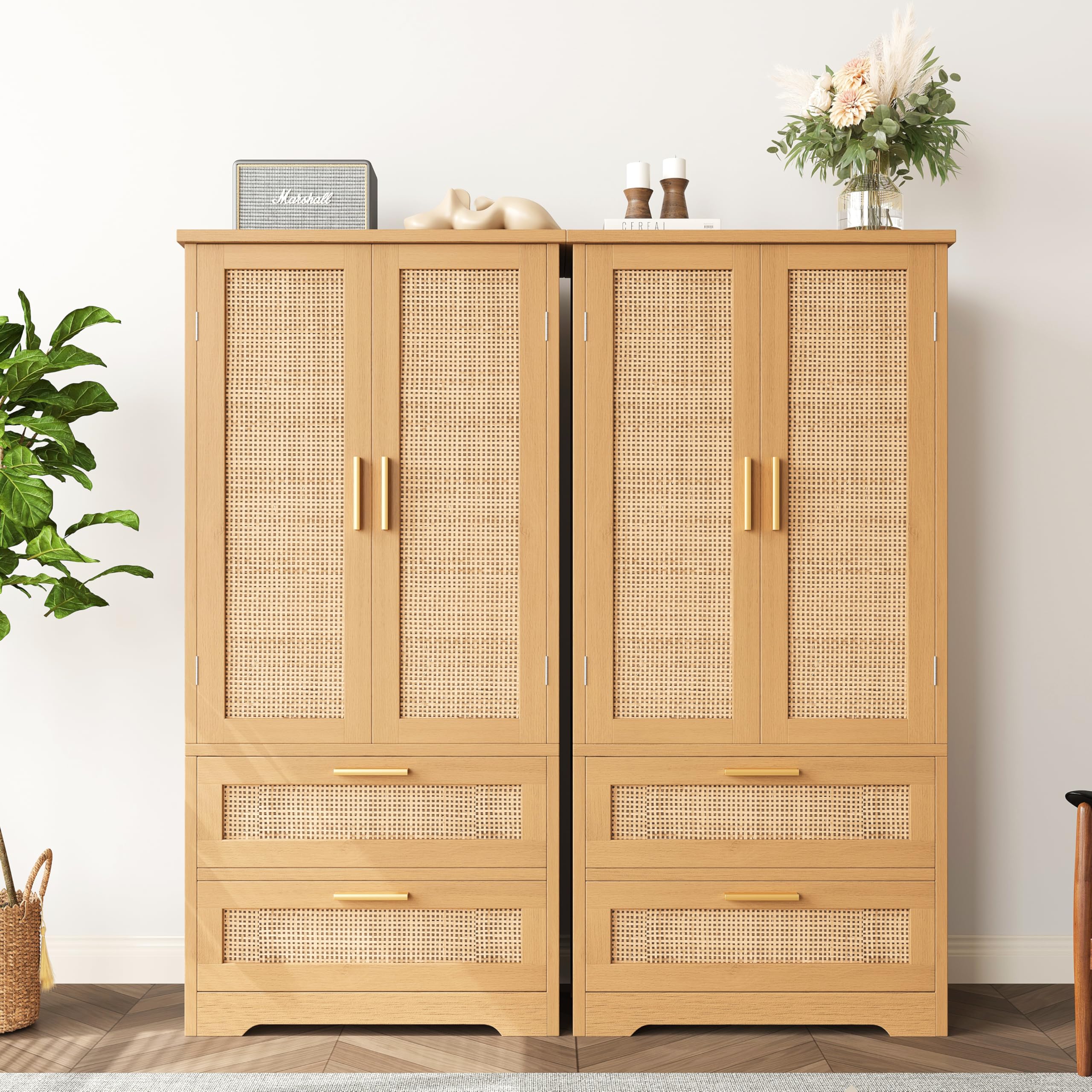 Keehusux 50.4" H Bathroom Storage Cabinet, Modern Floor Cabinet with Adjustable Shelf, Small Pantry with 2 Doors & Drawers, Storage Cabinet for Bathroom, Living Room, Kitchen, Natural KES007MCWG