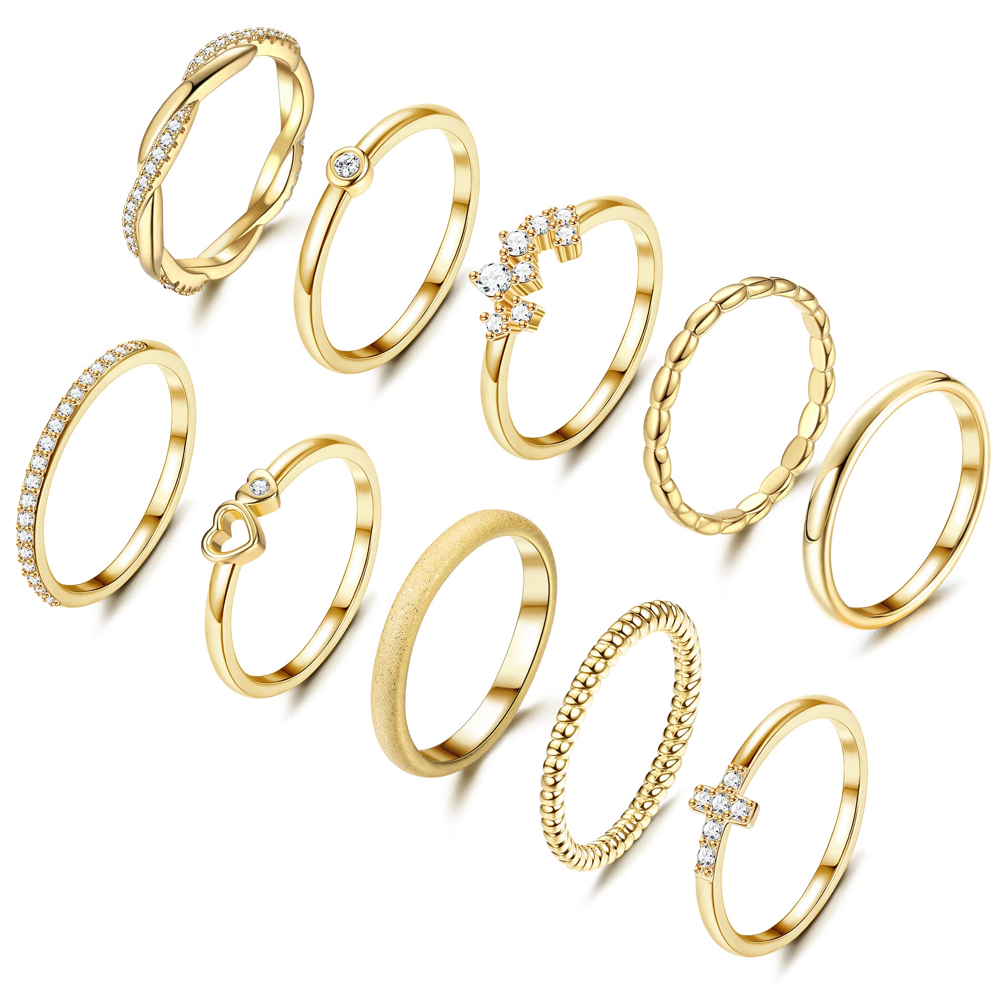 FIBO STEEL 10 Pcs 14K Gold Plated Stacking Rings Set for Women Dainty Minimalist Stackable Knuckle Rings CZ Flower Twist Cross Plain Band Ring Size 7