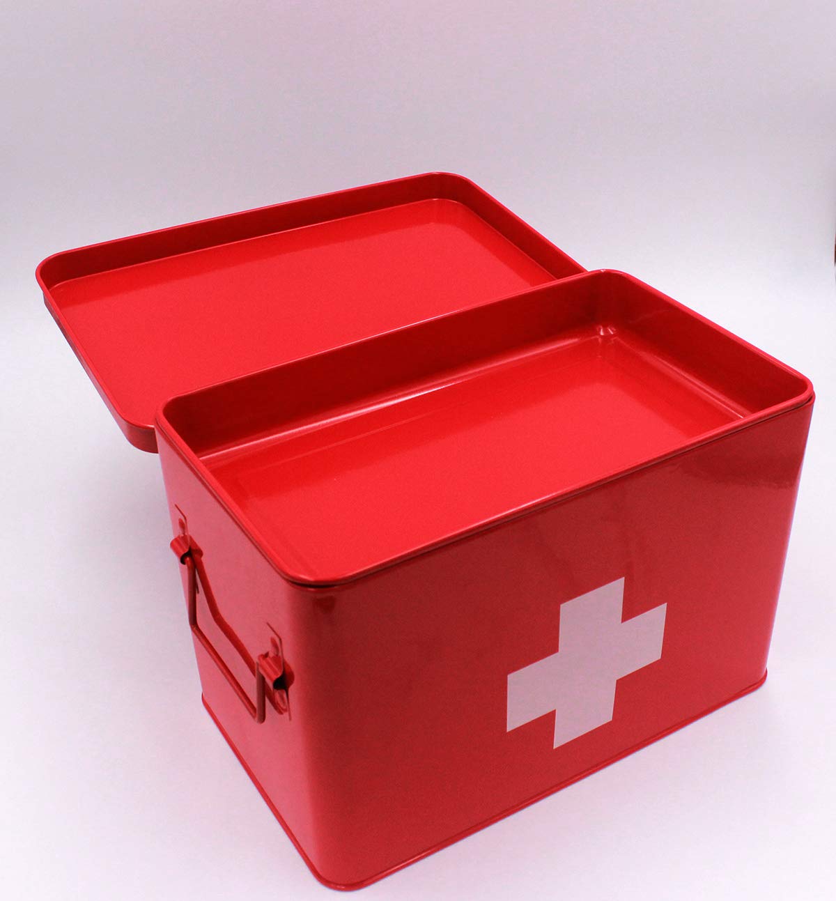 Funly mee Vintage First aid Box for Home, Medicine Tin, Red Metal Medicine Storage Box (Large 12.6× 8.3×7.7 inches)