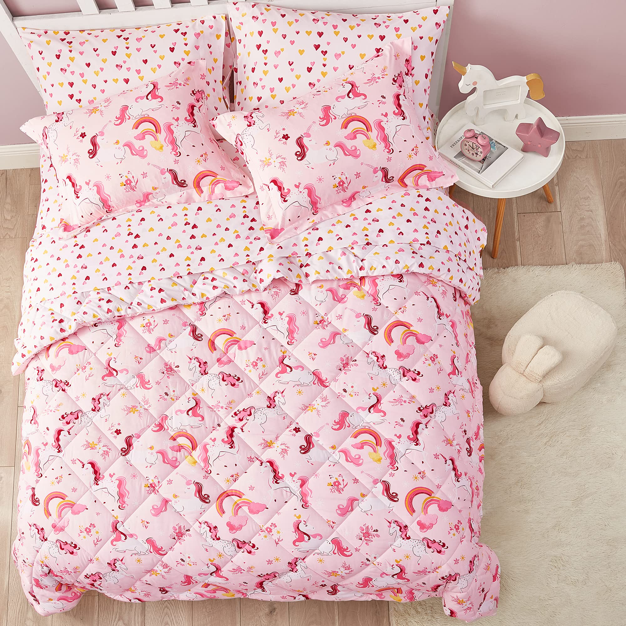 UMCHORD Unicorn Kids Bedding Set for Girls, 5 Pieces Twin Size Bed in a Bag, Super Soft Lightweight Comforter Set with Sheets, Durable Children Bed Set