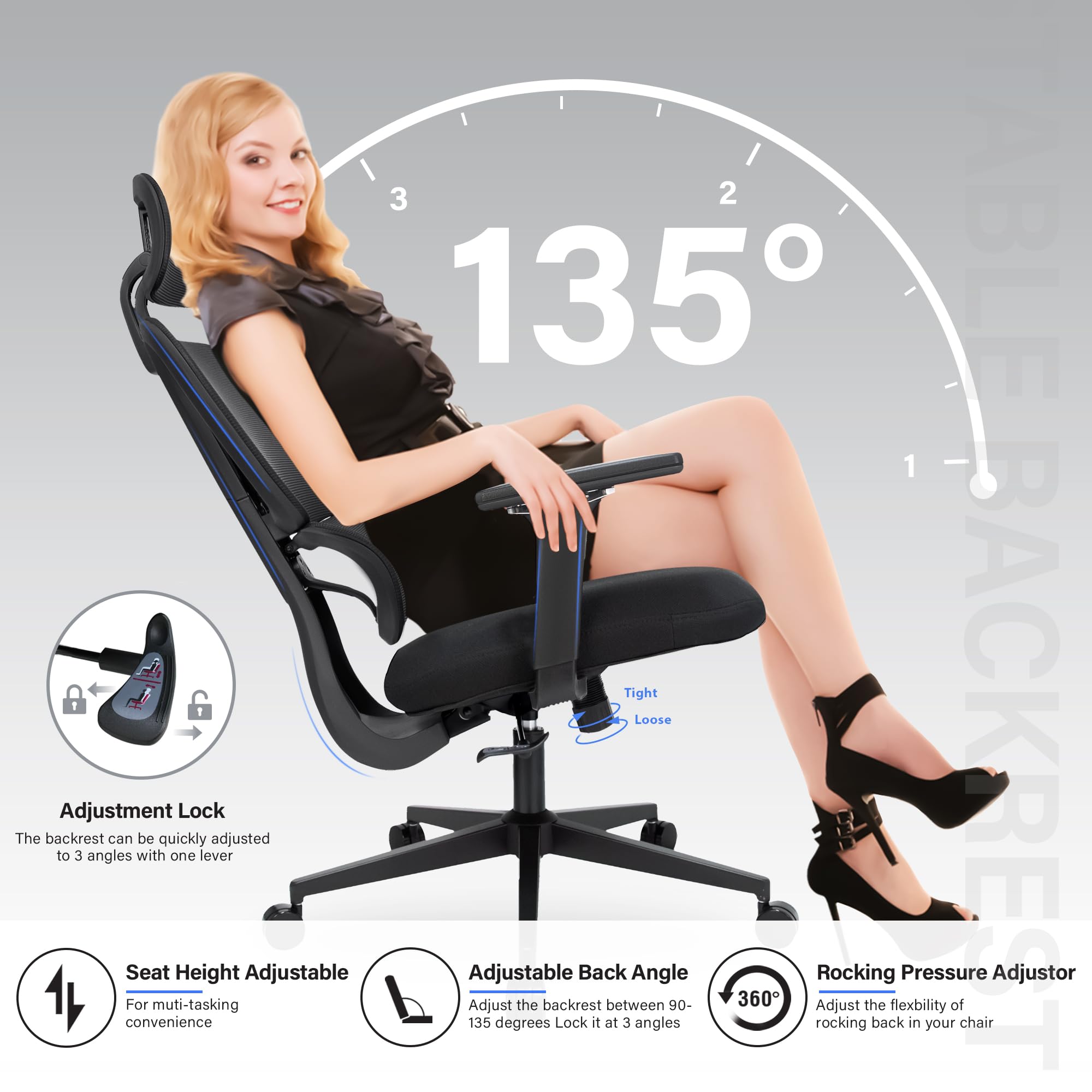 Ergonomic Mesh Office Chair - High Back Multifunction Computer Desk Chair with Adjustable Headrest, 4D Arms, Lumbar Support, Tilt Function and Heavy Duty Base - Ergonomic Design for Back Pain, Black