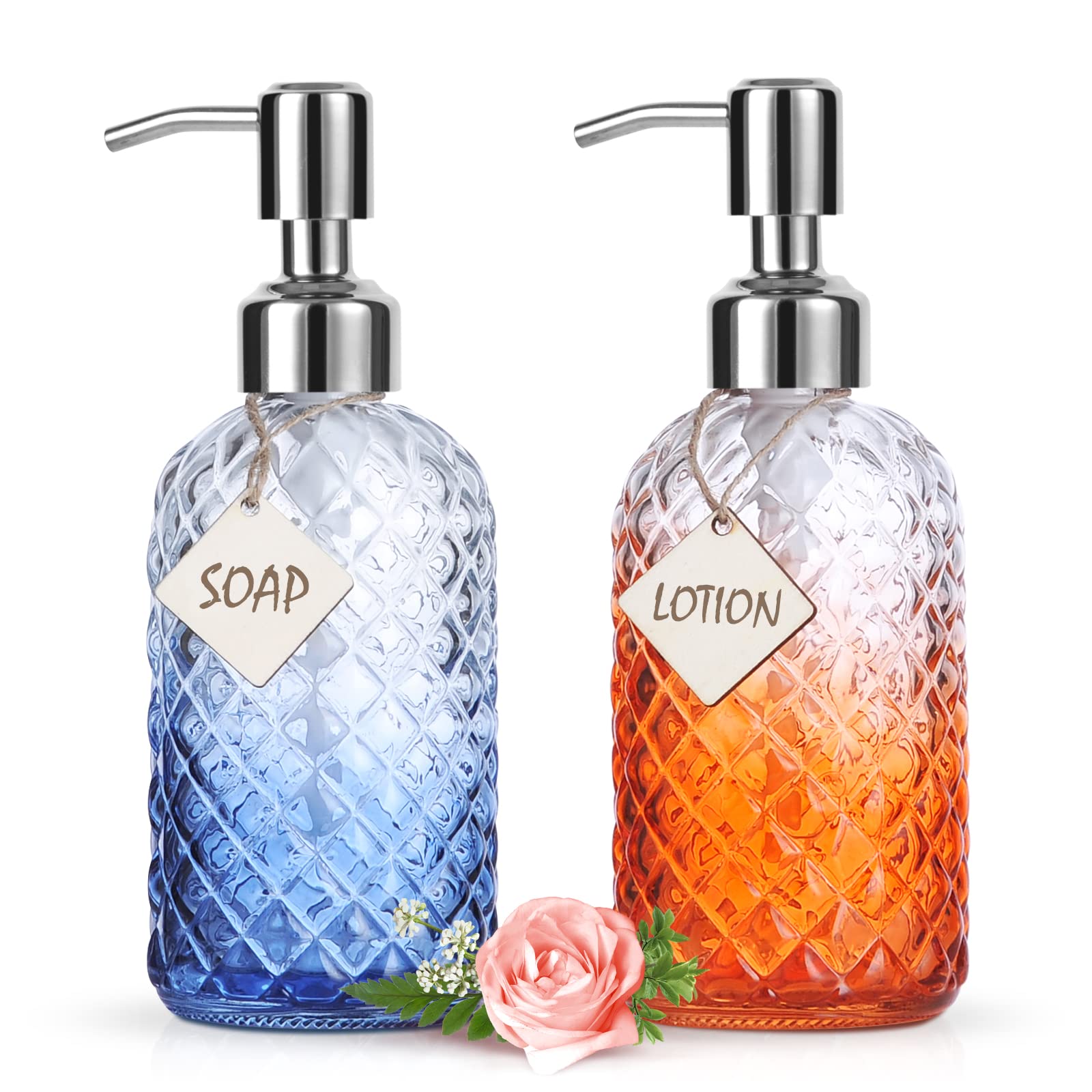 Glass Soap Dispenser, 14 Oz Hand Soap Dispenser Set with Rust Proof Stainless Steel Pump, Refillable Liquid Dish Soap Dispensers for Kitchen Sink Bathroom Commercial, Clear Blue Orange 2 Pack