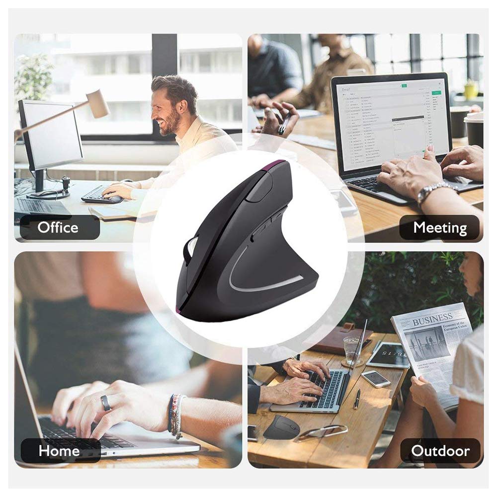 Funwaretech Wireless Ergonomic Mouse, 【Rechargeable】 2.4G Vertical Optical Mice,800/1200 /1600 DPI with 6 Buttons for Laptop,Desktop,PC, MacBook(Purple)