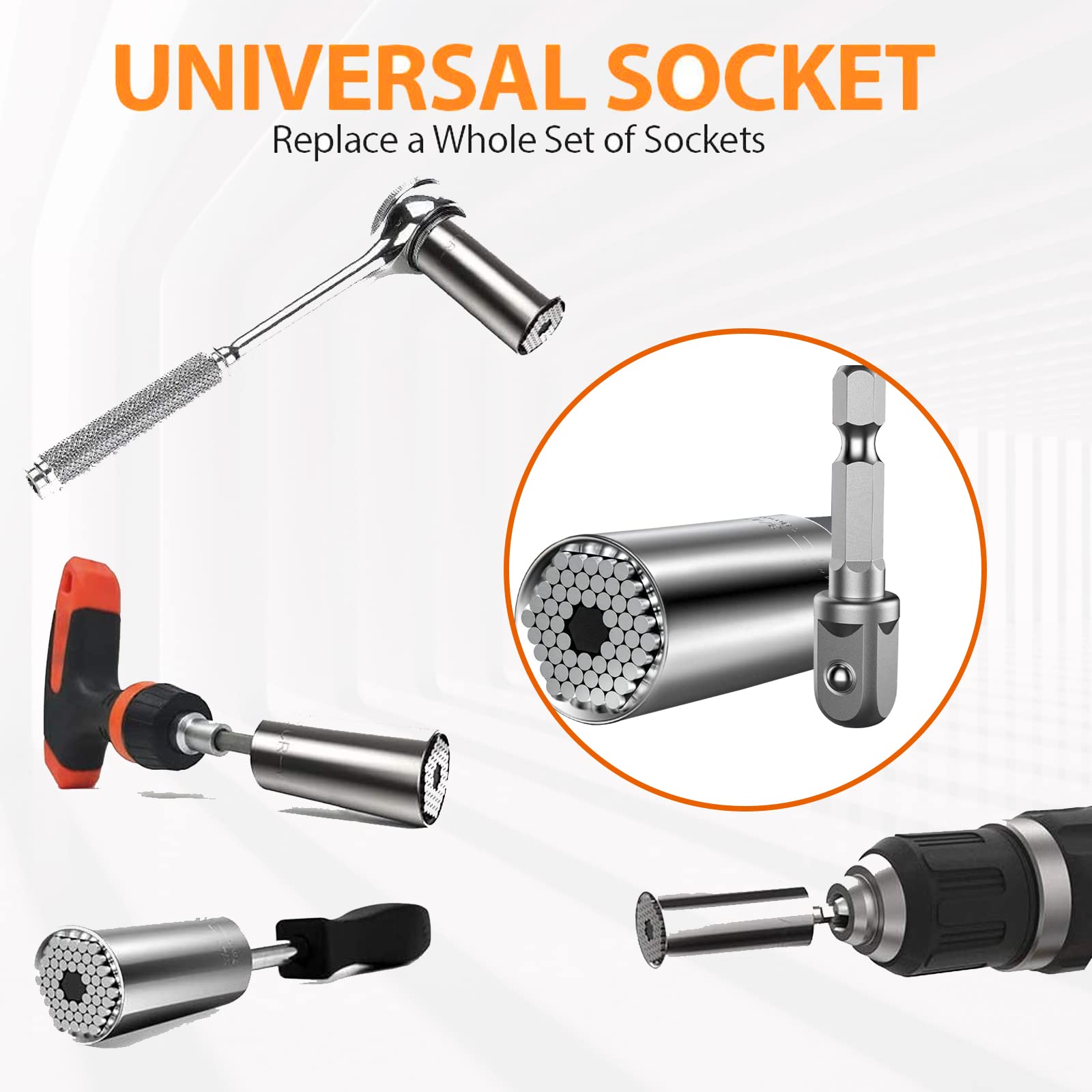 jeseny 2 PCS Socket Wrench Repair Tools, 7mm-19mm Multifunctional Ratchet Socket Wrench Set, with Power Drill Grip Comfort Socket Adapter, for Car Mechanic, HVAC, Electrician for Men Gifts (Silver)