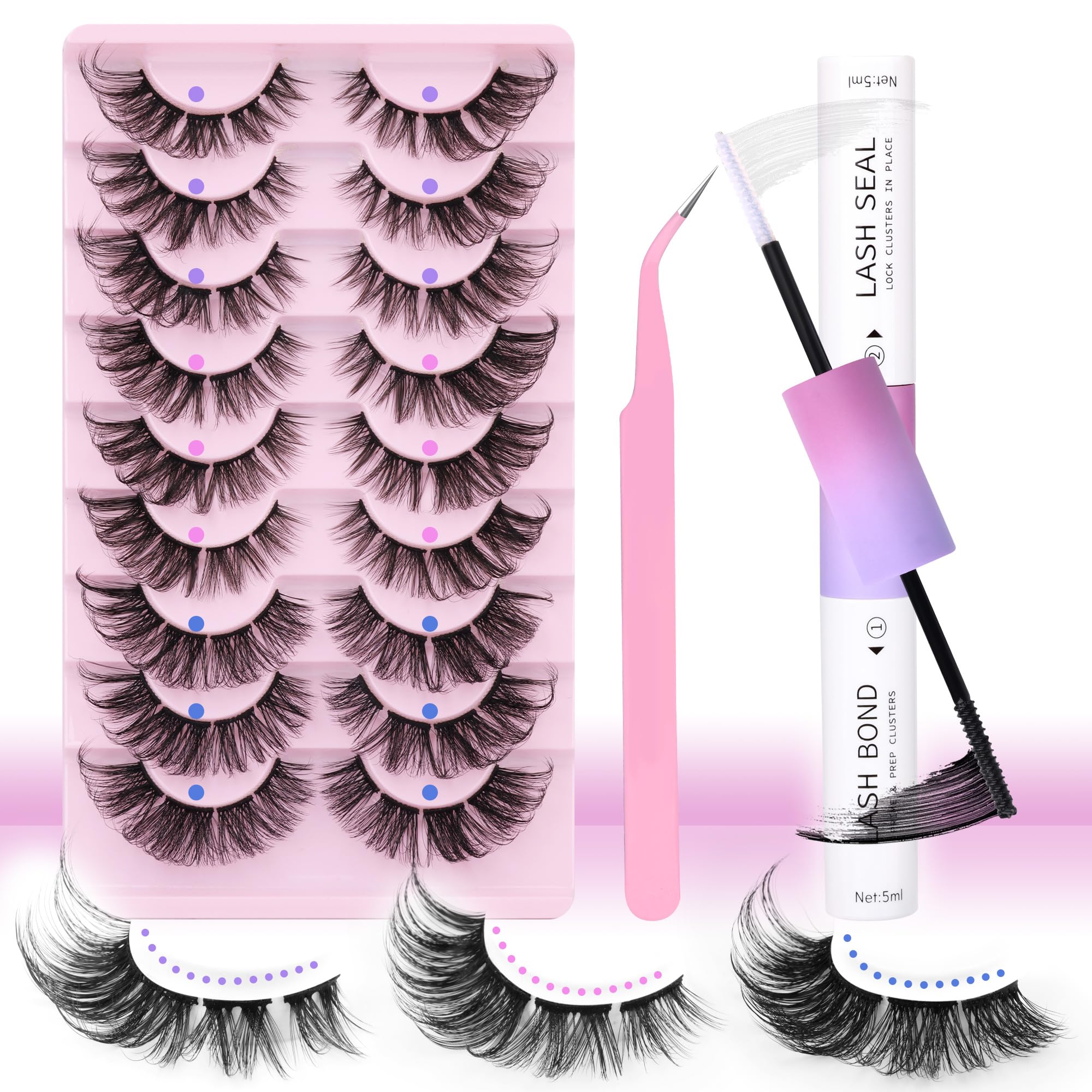 Eyelash Extension Kit 3 Styles Lash Clusters Kit Fluffy Wispy Cat Eye Cluster Lashes Extension Kit with Long Lasting Lash Bond and Seal and Lash Tweezers D Curl Individual Lashes by Vanssymunlin