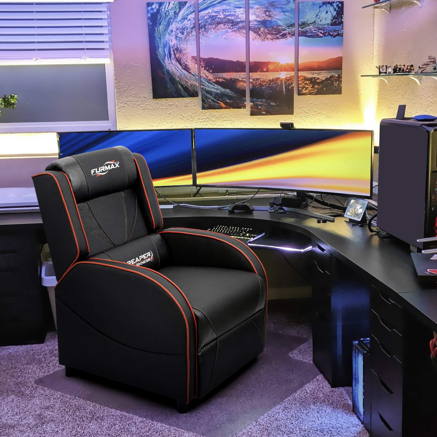 Furmax Video Gaming Recliner Chair Racing Style Single Ergonomic Lounge Sofa PU Leather Home Theater Comfortable Recliner Seat (Black)