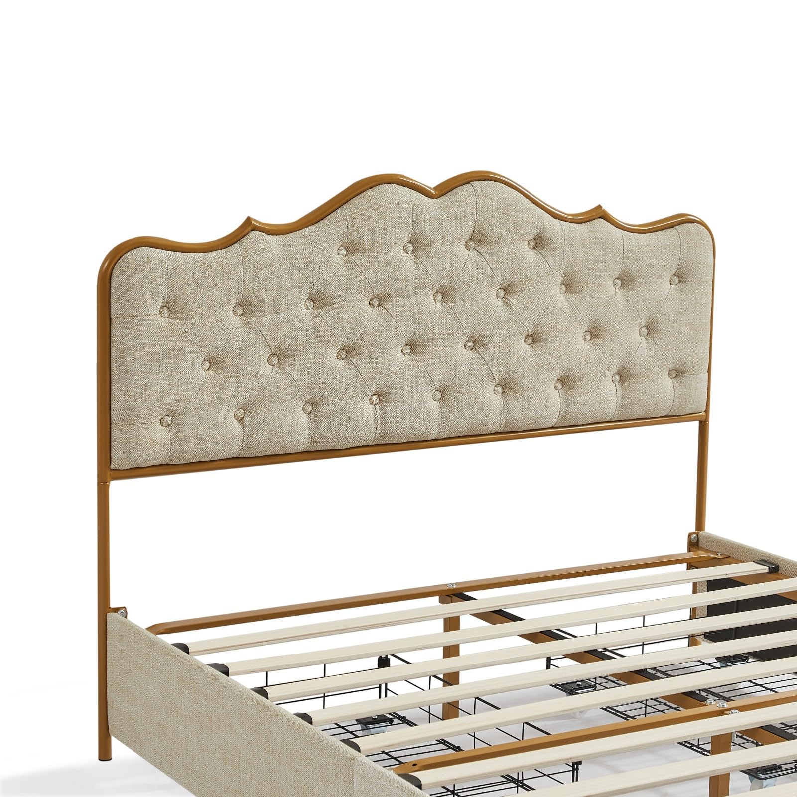 Dolonm King Size Classic Buckle Backrest Platform Bed Frame with Four Storage Drawers Metal Frames Bed Foundation with Wooden Slats Support, Beige + Yellow Leather Sponge Soft Bag Beds