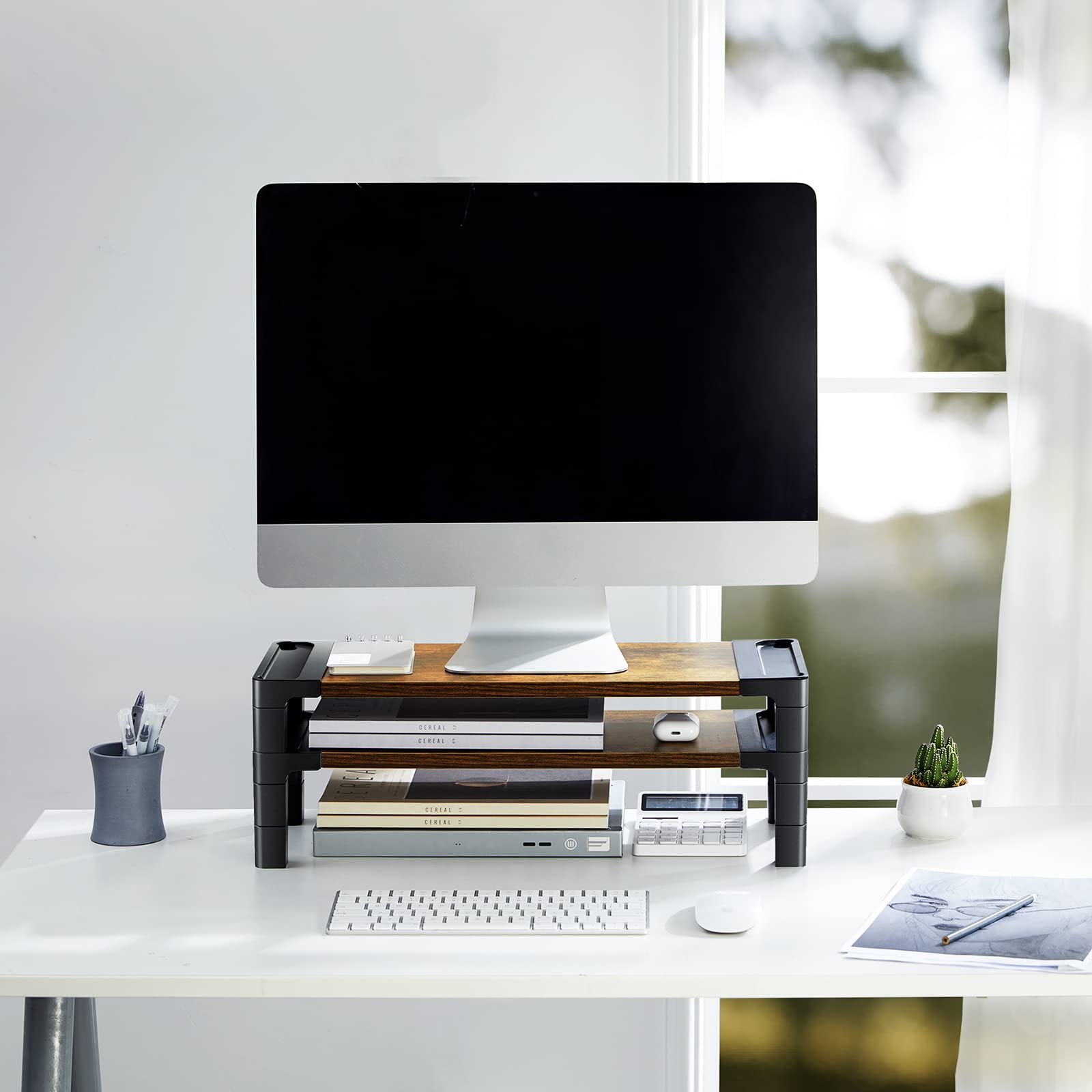 HUANUO Monitor Stand Computer Riser, Monitor Stand for Desk with Adjustable Height and 2 Platforms, Ergonomic Computer Riser, Monitor Riser for Laptops and Monitors