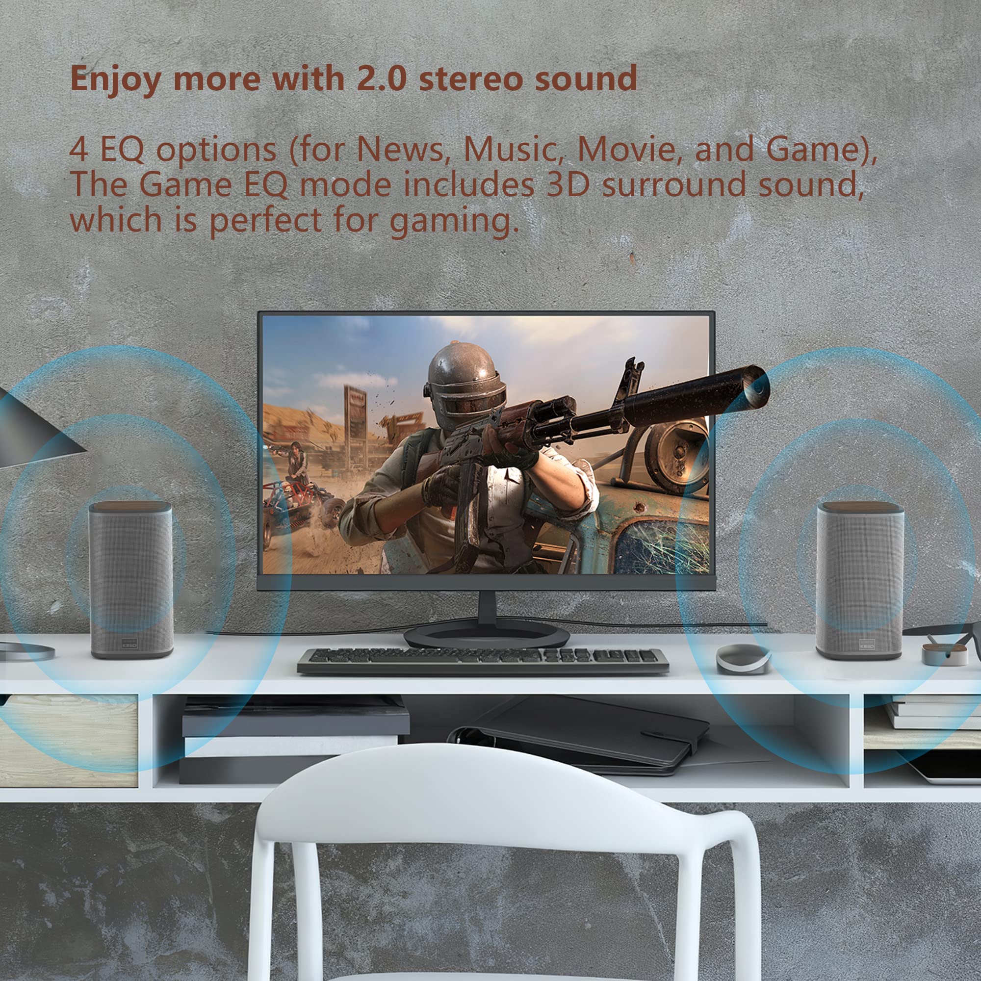 KEiiD Bluetooth Computer Speakers for Desktop Laptop PC Stereo Speaker for Gaming Wireless Home/Office Audio System, Touch Pad Control, 4 EQ Options