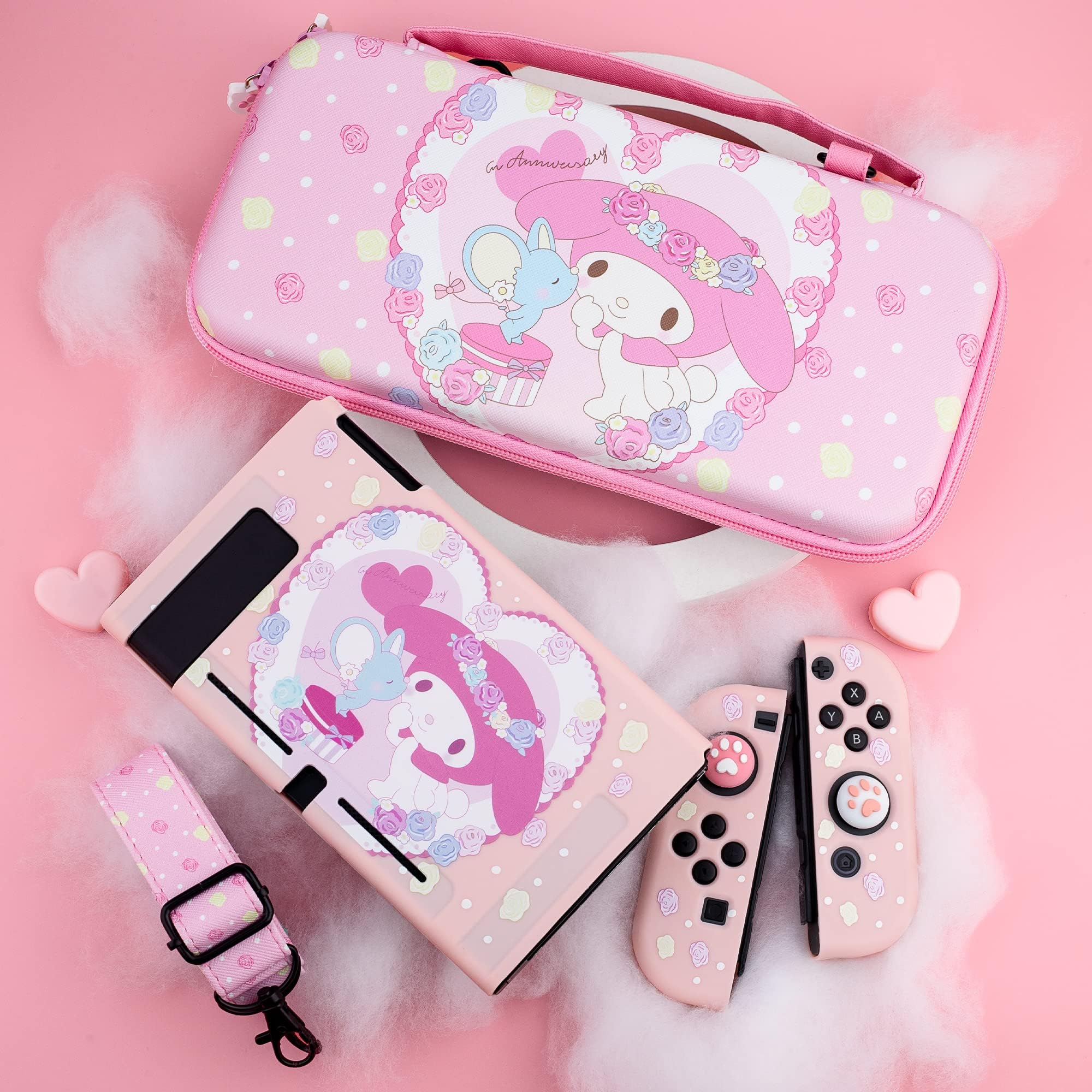 GLDRAM Pink Carrying Case for Nintendo Switch, Cute Anime Accessories Bundle for Cute Girl with Switch Travel Storage, Soft TPU Cover Shell, Screen Protector, Thumb Caps, Shoulder Strap for Girls