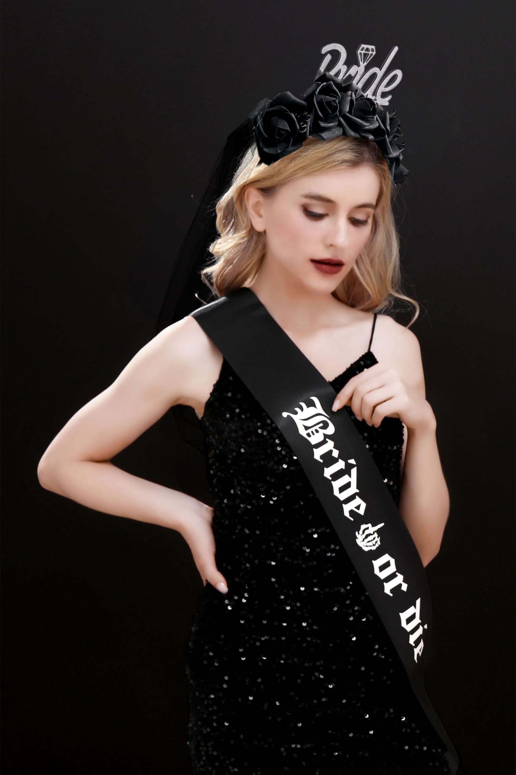 JeVenis Goth Bride to Be Sash Gothic Bride To Be Headband Bride or Die Bachelorette Decoration