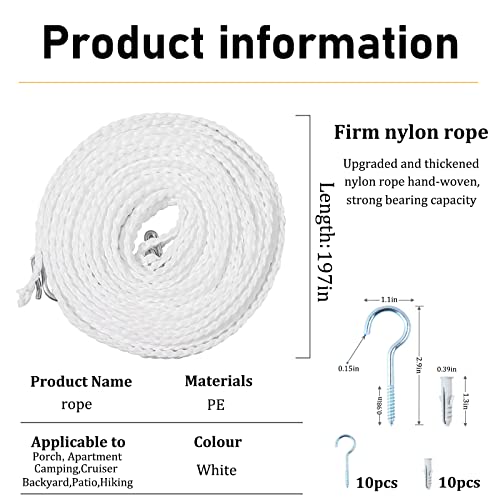 Windproof Clothesline,Travel Clothesline, Camping Clothesline, Durable Travel Clothes Line Rope, Portable Clothes Drying Line, Suitable for Outdoor and Indoor(White)