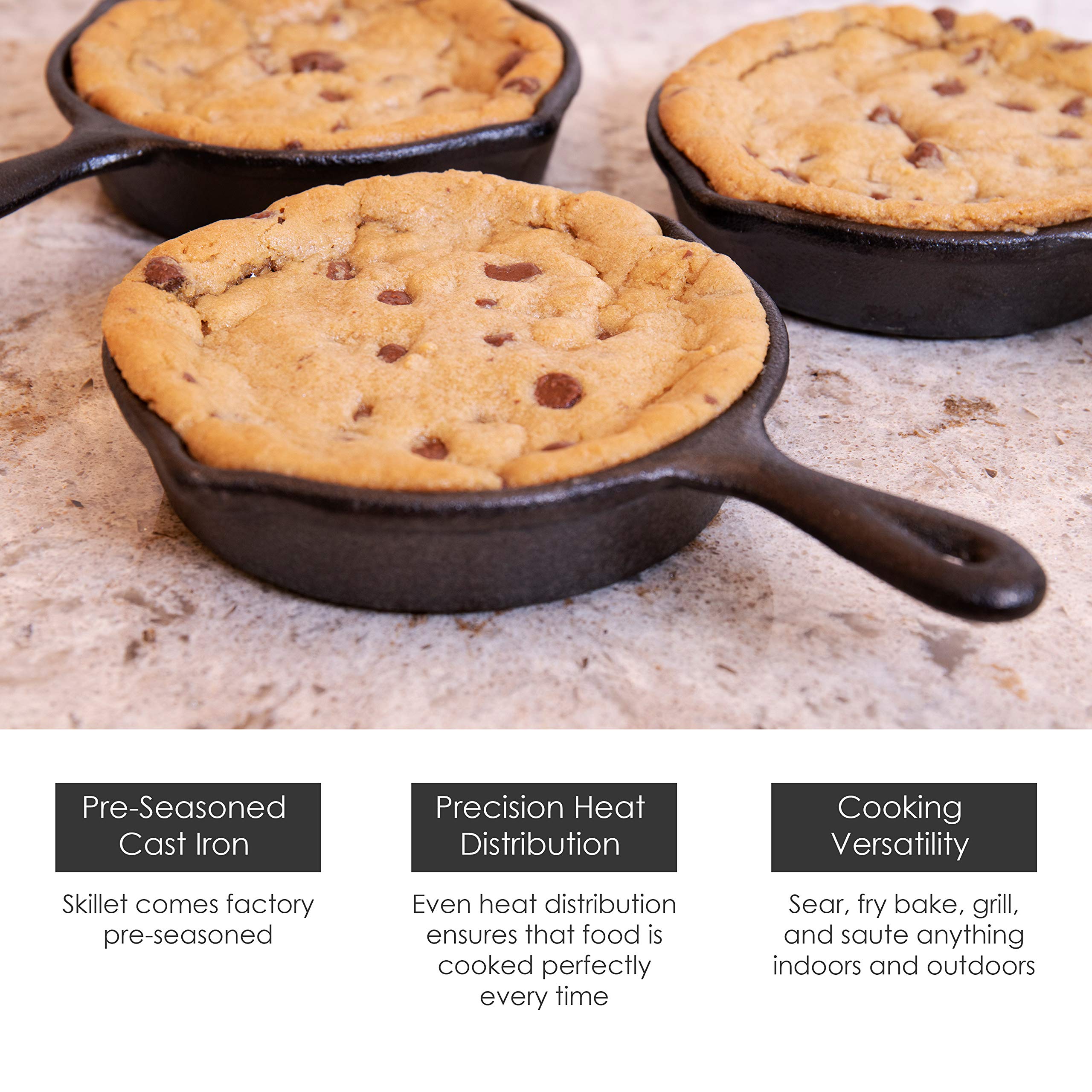 Heavy Duty Pre Seasoned Mini Cast Iron Skillet Set of 3, Oven Safe Cooker, Black
