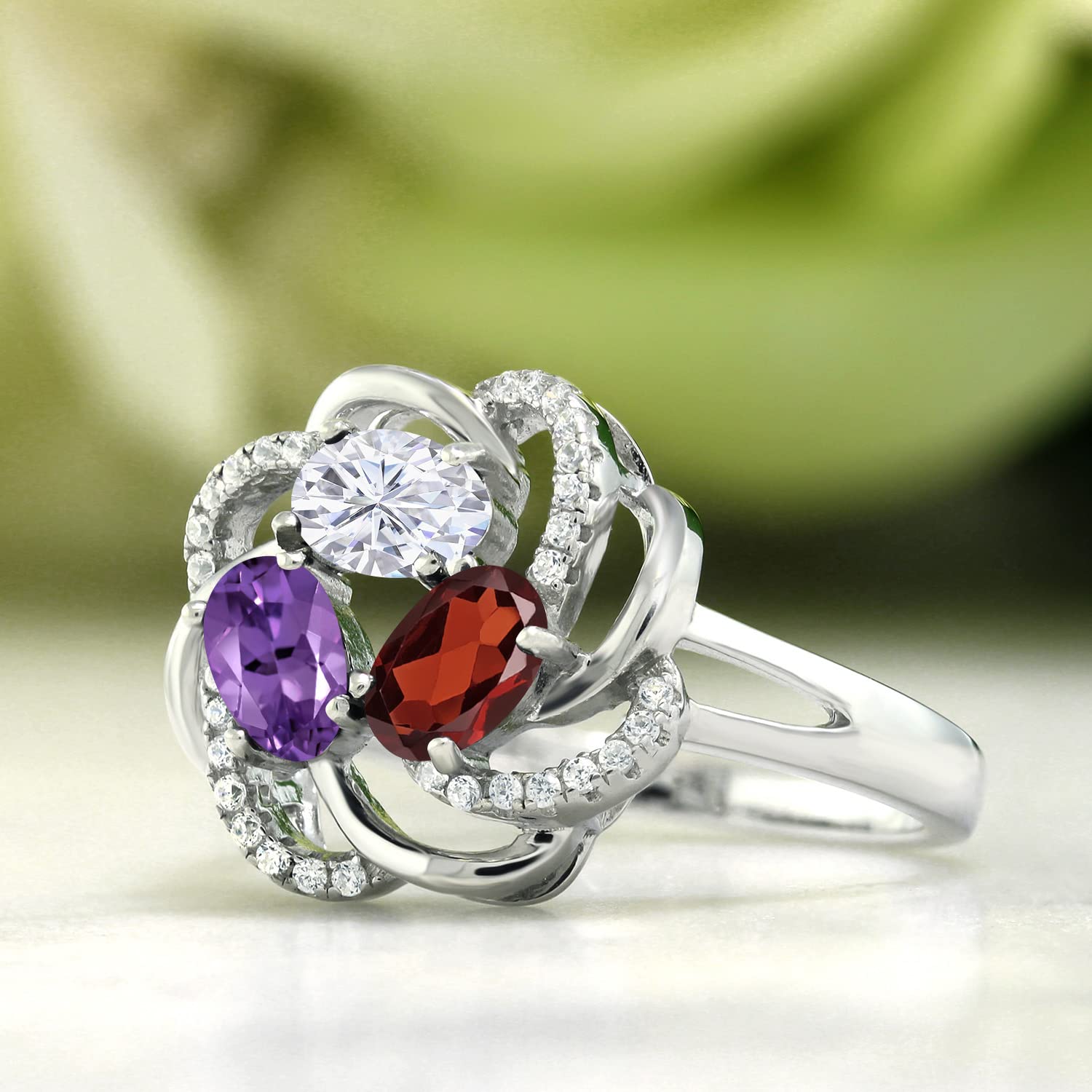 Gem Stone King 925 Sterling Silver Promise Customized and Personalized Build Your Own 3 Birthstone For He Engagement Flower Blossom Ring For Women (Size 8)