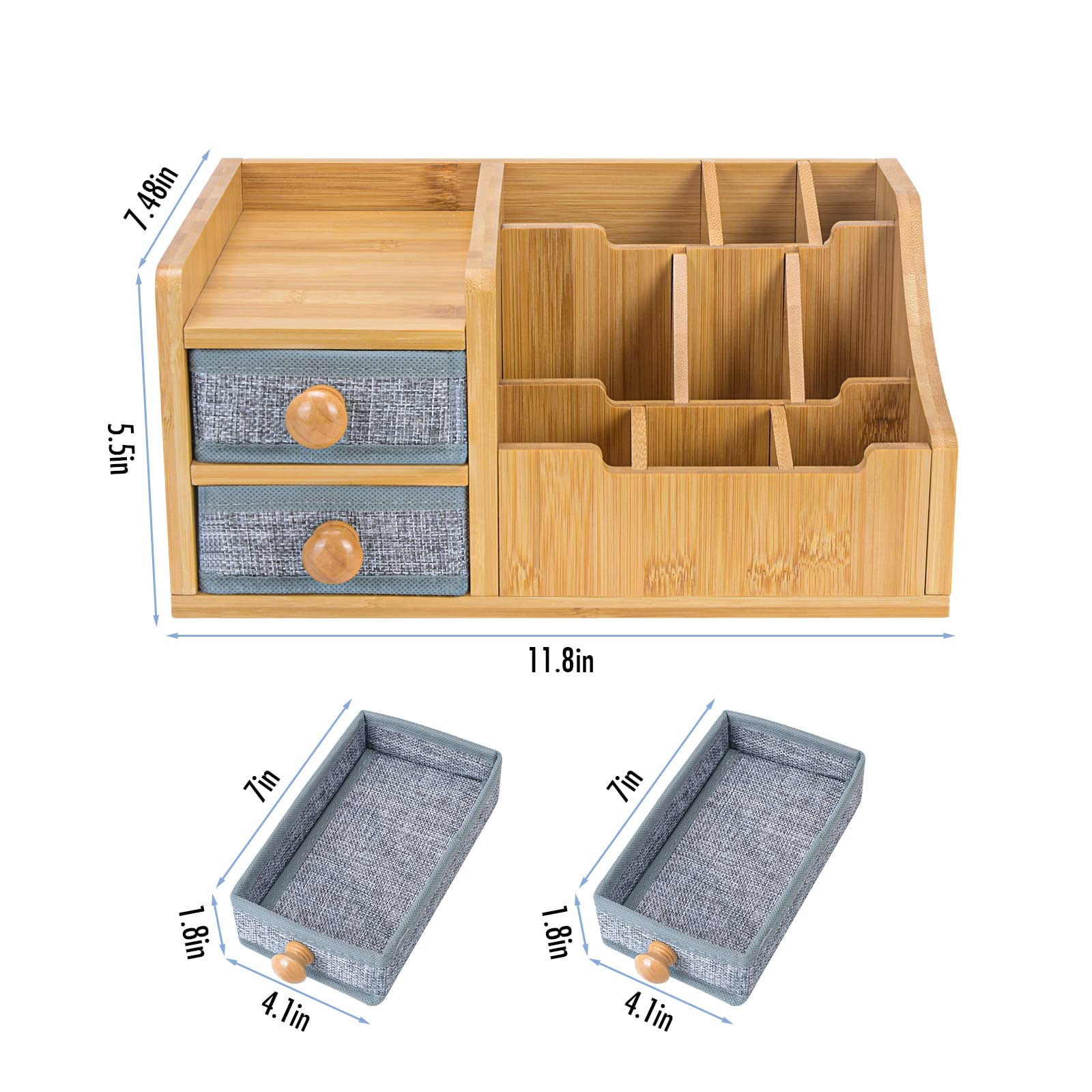 ikkle Bamboo Desk Makeup Organizer Cosmetic Organizer Storage Box with Drawer for Bathroom/Dresser, 9 Detachable Slots for Brushes, Lipstick, Great Organizer for Home or Office (Need to assemble)