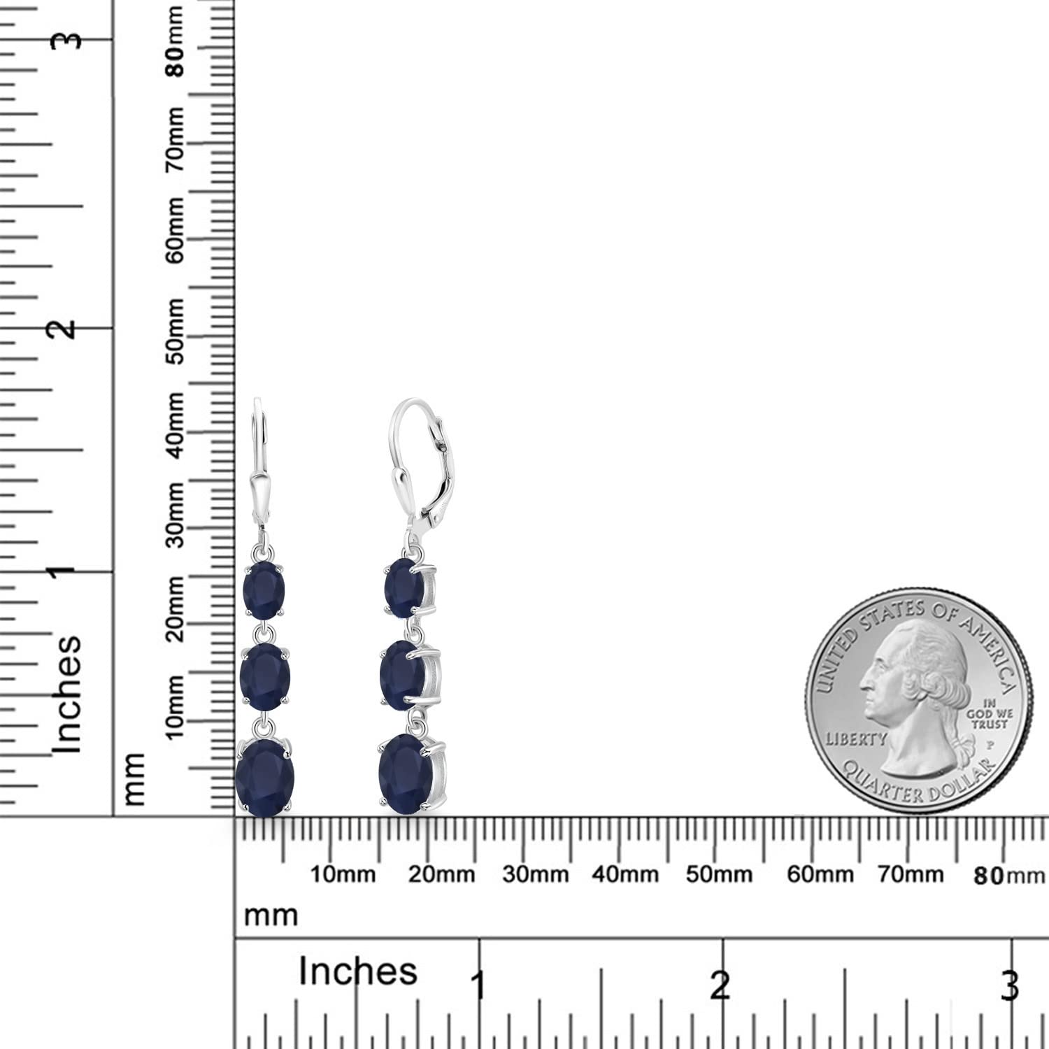Gem Stone King 925 Sterling Silver Blue Sapphire 3 Stone Dangle Earrings For Women (6.71 Cttw, Gemstone Birthstone, Oval 8X6MM, 7X5MM and 6X4MM)