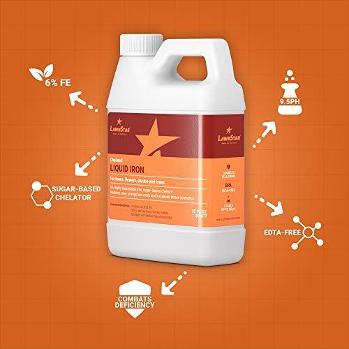 LawnStar Chelated Liquid Iron (32 OZ) for Plants - Multi-Purpose, Suitable for Lawn, Flowers, Shrubs, Trees - Treats Iron Deficiency, Root Damage & Color Distortion β EDTA-Free, American Made