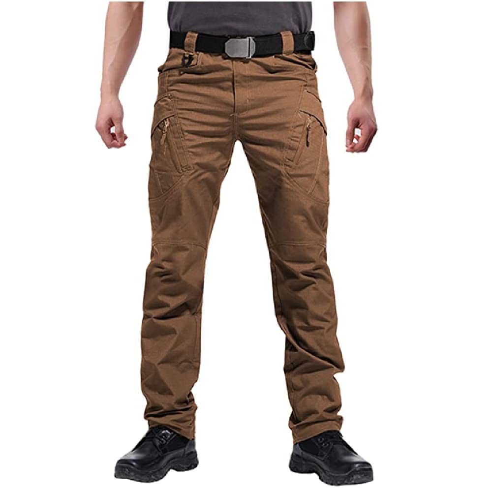 Erston Men's Outdoor Work Military Tactical Pants Lightweight Ripstop Combat Trousers Hiking Pant with 9 Pockets No Belt (Brown, 34)
