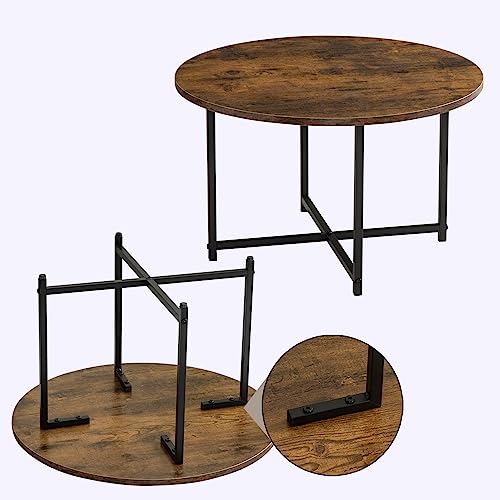 Round Coffee Table with Rustic Wooden Top & Sturdy Mental Legs Sofa Couches Table Side Table End Table Accent Table for Living Room Balcony Kitchen Modern Design Furniture 24 inches, Rustic Brown