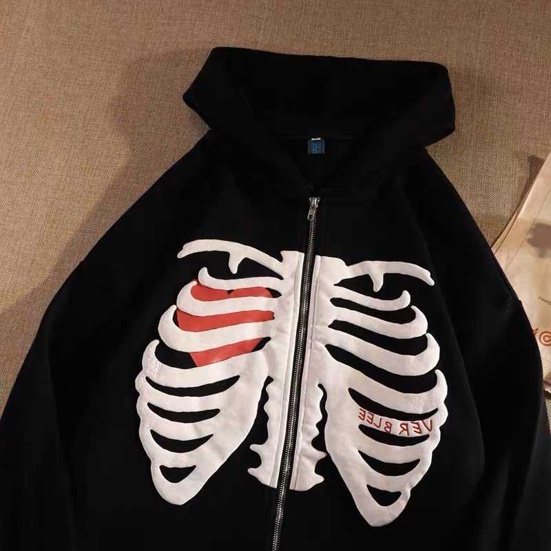 WINKEEY Women's Zip Up Skeleton Print Hoodie Y2K E-Girl Long Sleeve Hooded Jacket Sweatshirt (XL,Black)