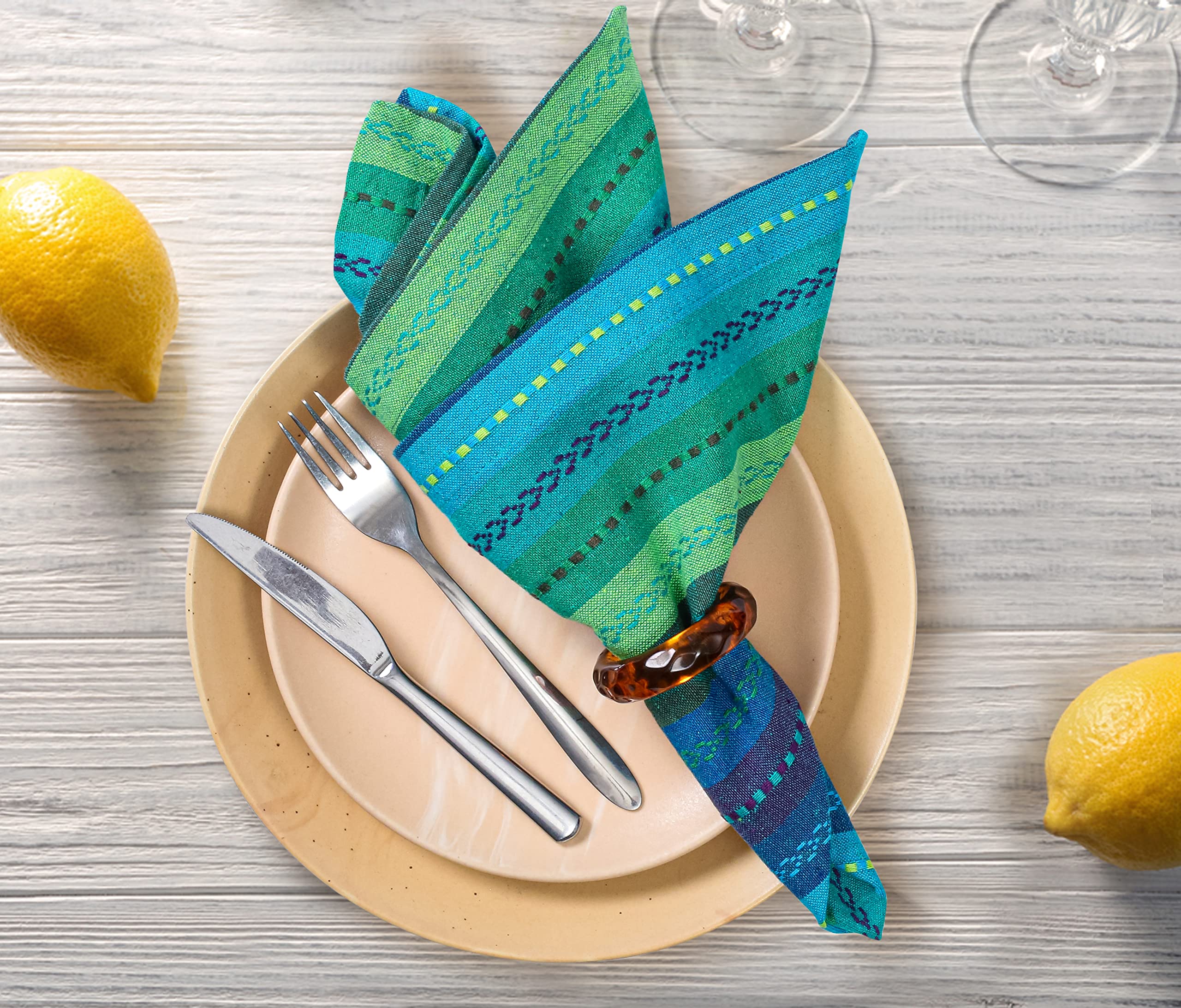 Hausattire Reusable Napkins Cloth Washable 100% Cotton Salsa Stripe 18x18 Inch Dinner Napkins|Table Napkins for Spring Easter Basket Decor|Set of 12 Cloth Napkins for Home Banquet Wedding |Teal Multi