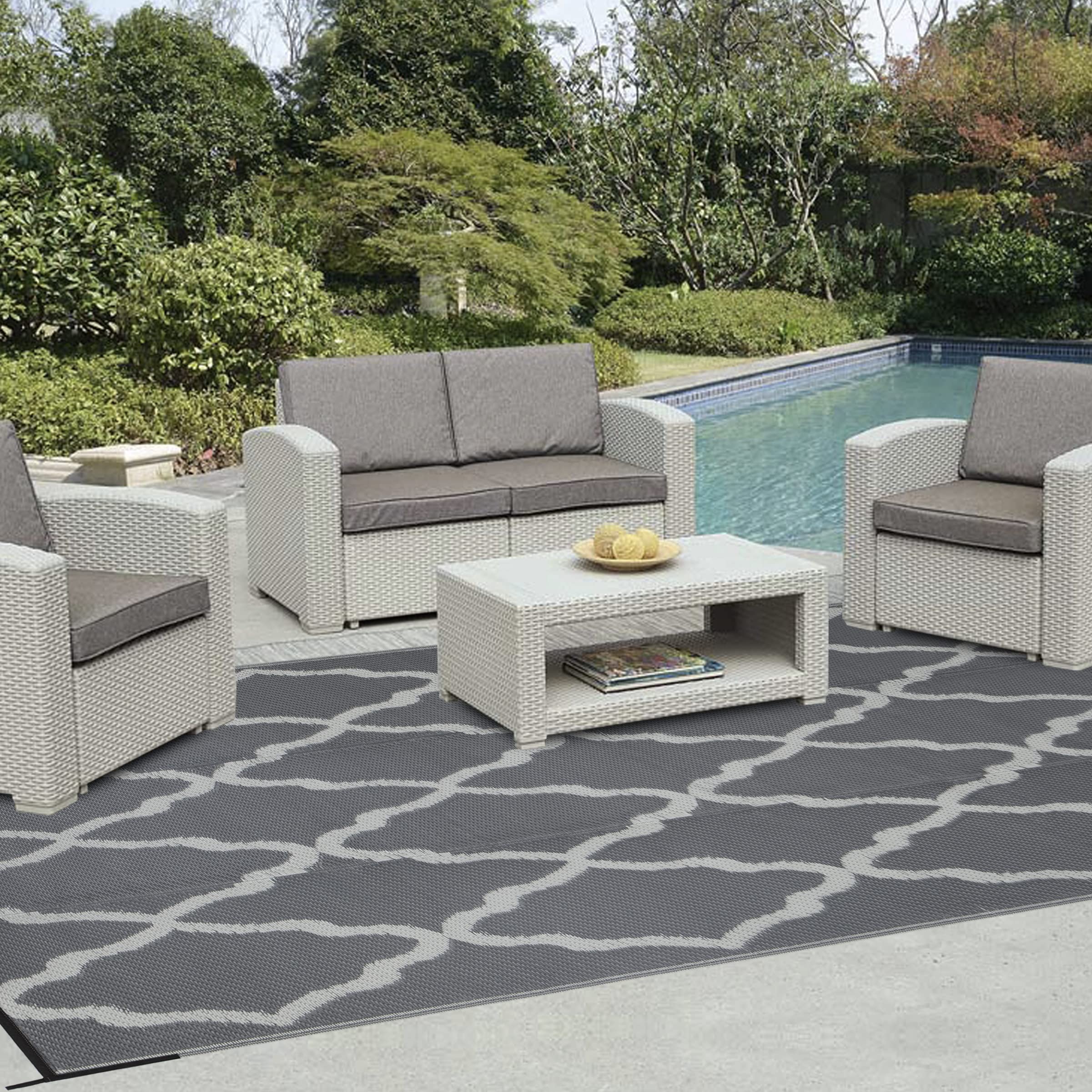 Easy-Going Reversible Outdoor Rugs 6x9ft Waterproof Plastic Straw Rug Stain & UV Resistant Floor Mat for Patio Porch RV Backyard Pool Deck Picnic Beach Trailer Camping (Moroccan Grey & Light Grey)