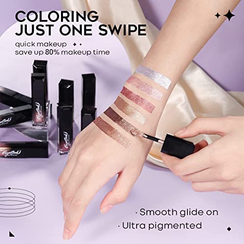EYESEEK Liquid Eyeshadow Metallic Brown Eye Makeup Set, Brilliant Cream Gel Highlighter Shimmer Glitter Shadow Champagne Blush Brightener Eyeliner, Rose Gold Eyes Liner Make Up Kit Holographic Sets