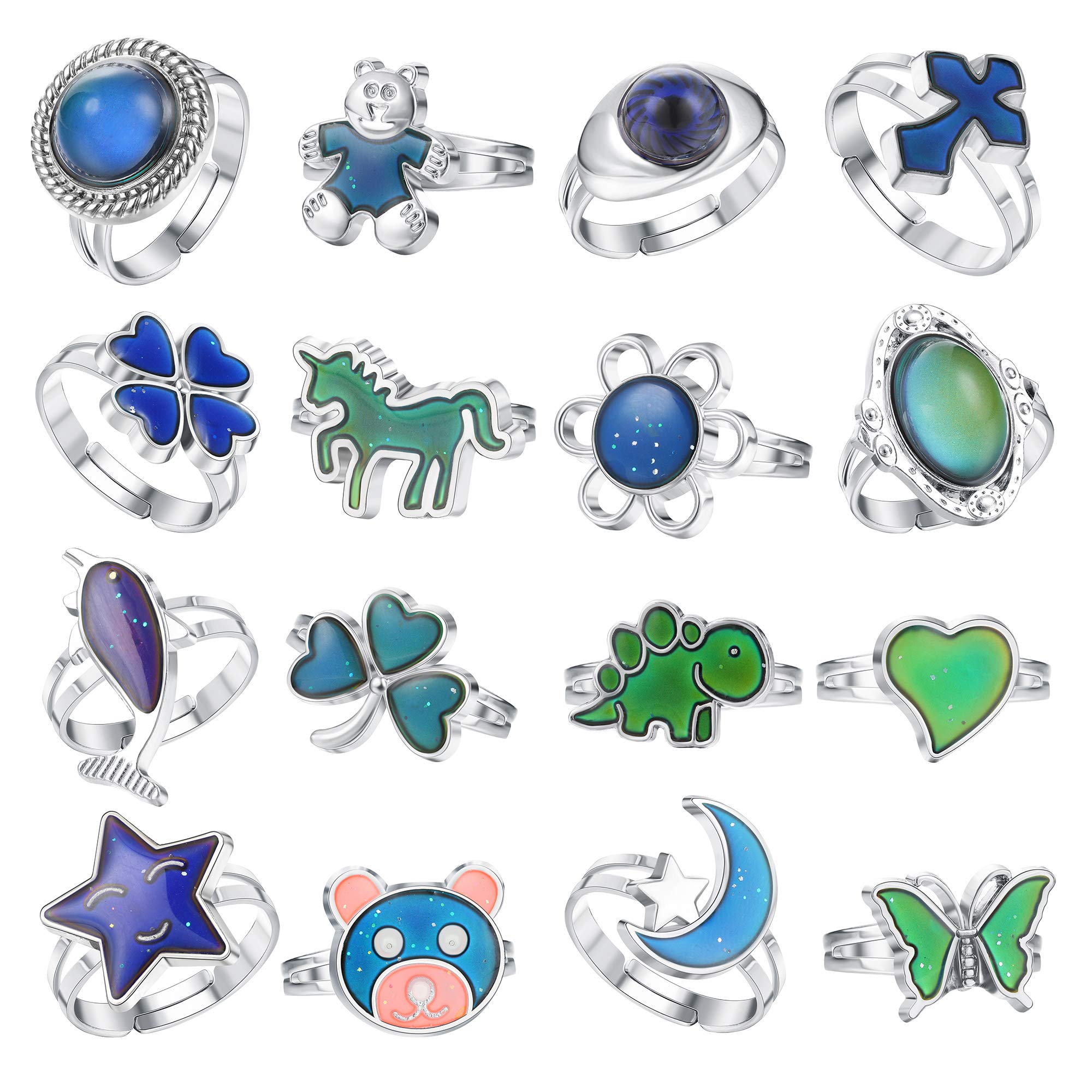 FIBO STEEL 16 Pcs Mood Ring Color Change Rings Emotional Feeling Adjustable Ring With Cute Animals