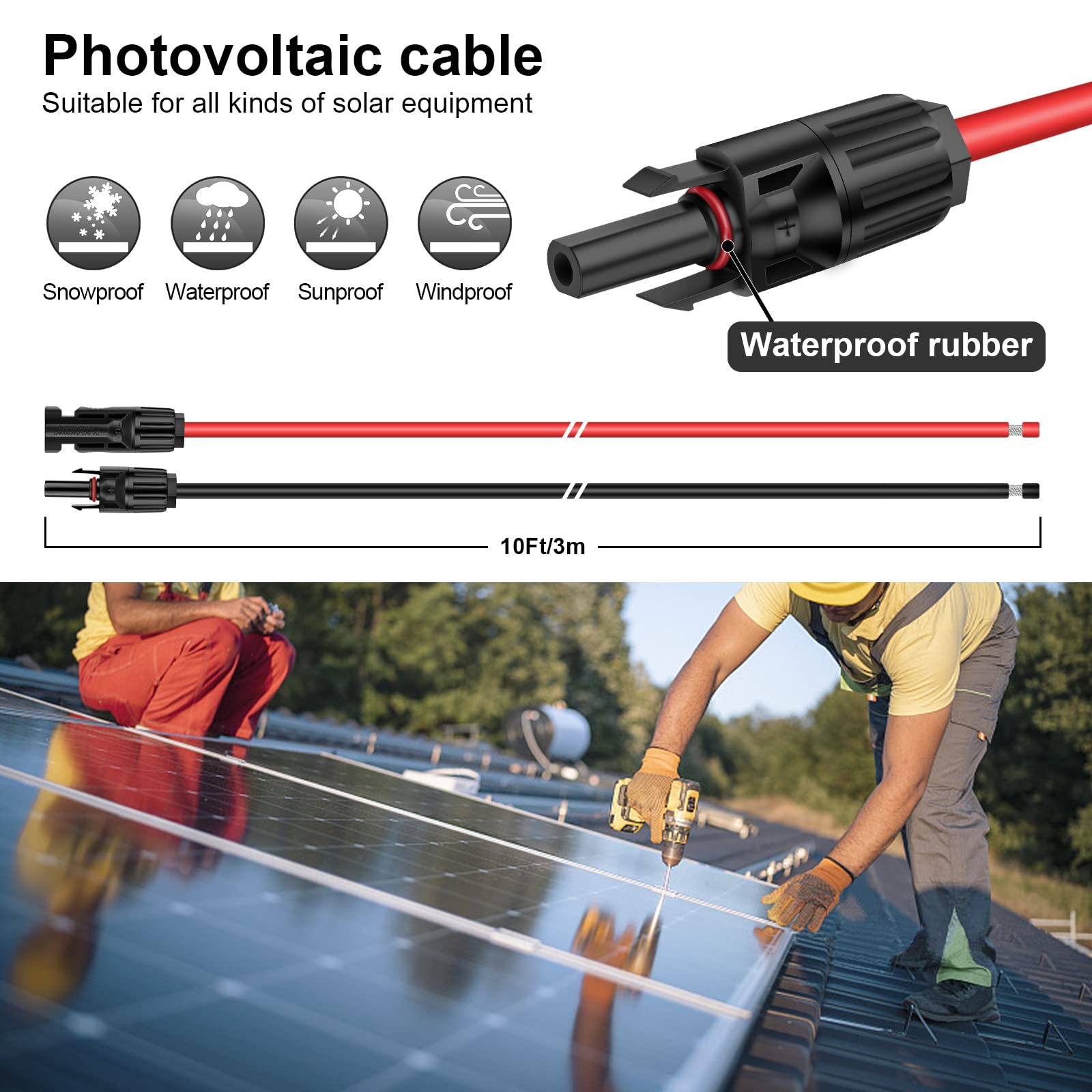 iGreely Solar Panel Extension Cable - 10 Feet 10AWG(6mm²) Solar Extension Cable with Female and Male Connector Solar Panel Wiring Wire Adapter (10FT Red + 10FT Black)