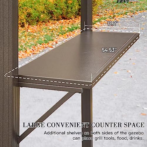 Domi 8β x 6β Grill Gazebo, Outdoor Aluminum BBQ Gazebo with 2 Side Shelves, Hardtop Double Roof Permanent Sun Shade with Ceiling Hooks for Patio Deck Yard Garden (Brown)