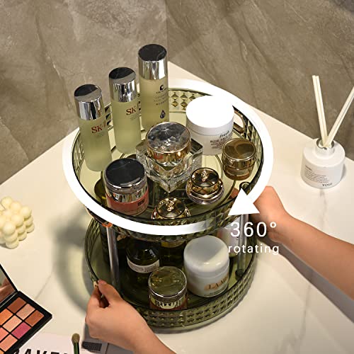 ROWNYEON Rotating Makeup Organizer 2 Tier Skincare Organizers with Handle Bathroom Organizer Perfume Organizer Spinning Cosmetics Organizer for Vanity,Cabinets, Pantry, Fridge, Countertops,Kitchen