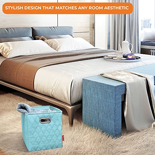 JIAessentials Medium 12-inch Blue Foldable Diamond Patterned Faux Leather Storage Cube Bins Set of Four with Handles with Dual Handles for living room, bedroom and office storage