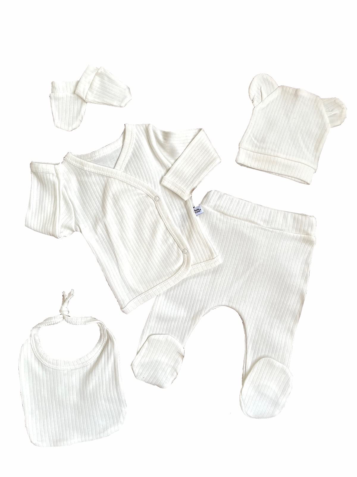 Linda Harris Newborn Unisex Clothes Baby Basic Minimal infant newborn Ecru 5 Piece Long Sleeve Romper and Pant Set