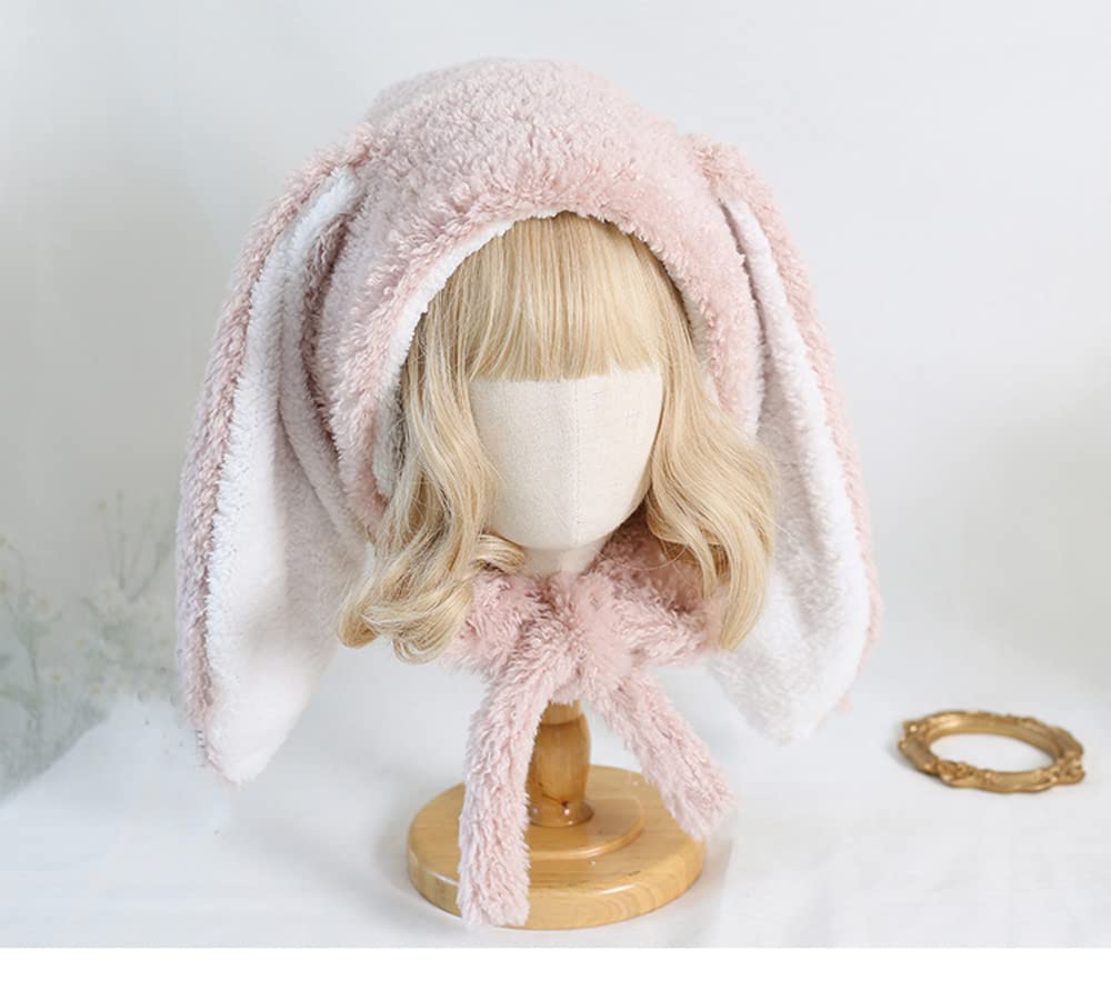 Jilneed Cute Bunny Hat Women Plush Rabbit Ear Funny Lolita Sweet Kawaii Winter Fluffy Fleece Warm Hat Cap Cosplay Accessory (pink)