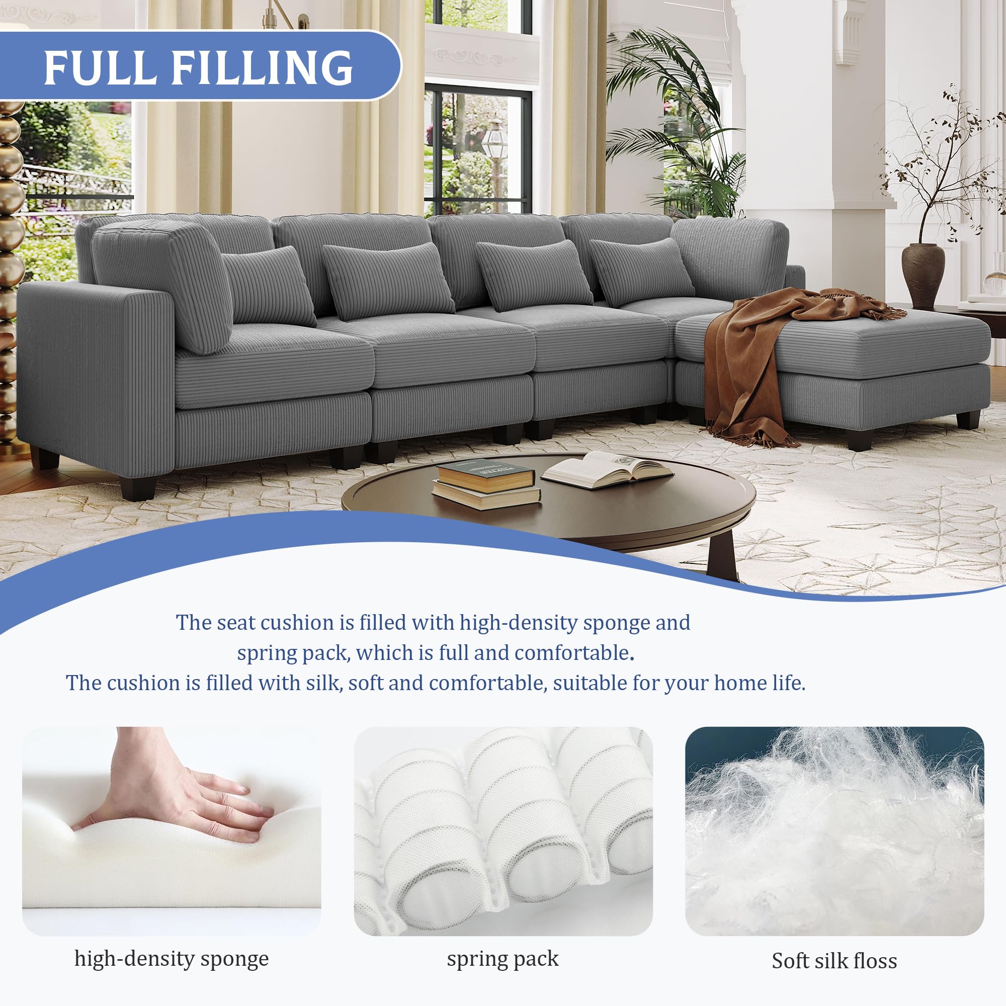 KELRIA 99.6" 5 Pieces L-Shaped Modular Sectional Sofa with Removable Ottomans and Waist Pillows, Modern Corduroy Fabric Upholstered Couch for Living Room, Apartment, Studio, Grey