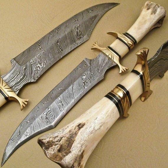 Hadi Enterprises-15" Handmade Damascus Hunting Knife with Leather Sheath - Ideal for Skinning, Camping, Outdoor -Fixed Blade Bushcraft Knife with Bone Handle-(BN-001)