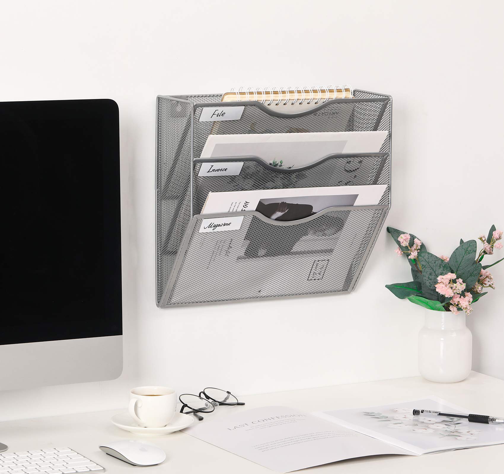 EasyPAG 3 Tier Wall File Holder Hanging Mail Organizer Meta Wall Mount Magazine Rack for Home and Office,Silver