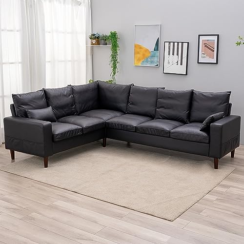 Panana6 Seater Convertible Sectional Sofa L-Shape Sofa Couch Linen Fabric Upholstered for Living Room, Apartment, Office (Black Leather Look Fabric, 6 Seater L Shape Corner Sofa)