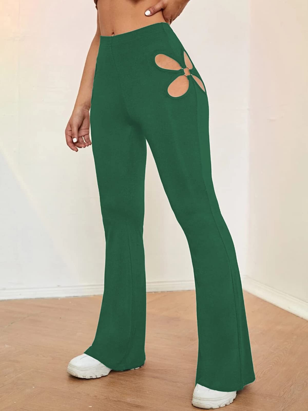Hilinker Women's High Waisted Flare Long Pants Cut Out Stretchy Ladder Bootcut Yoga Pants Dark Green X-Large