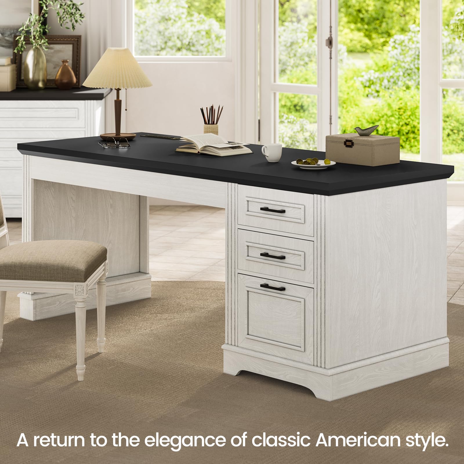 Itaar Farmhouse 55" Executive Desk, Computer Desk with Storage Drawers and Power Outlet, Home Office Desk, Workstation for Office Home, White