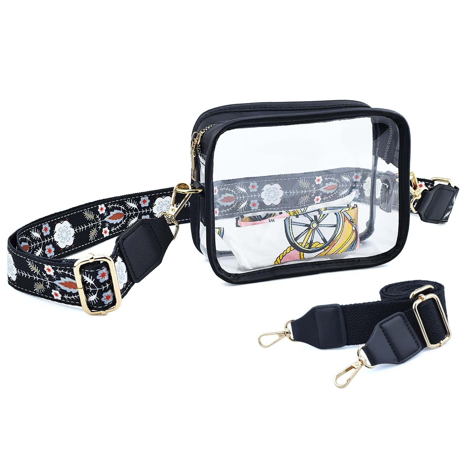 KlaOYer 2 Adjustable Strap PVC Clear Crossbody Bags with Silk, Stadium Approved Transparent Shoulder Bag Handbag Small Square Phone Bag Zipper Purse (black 2)