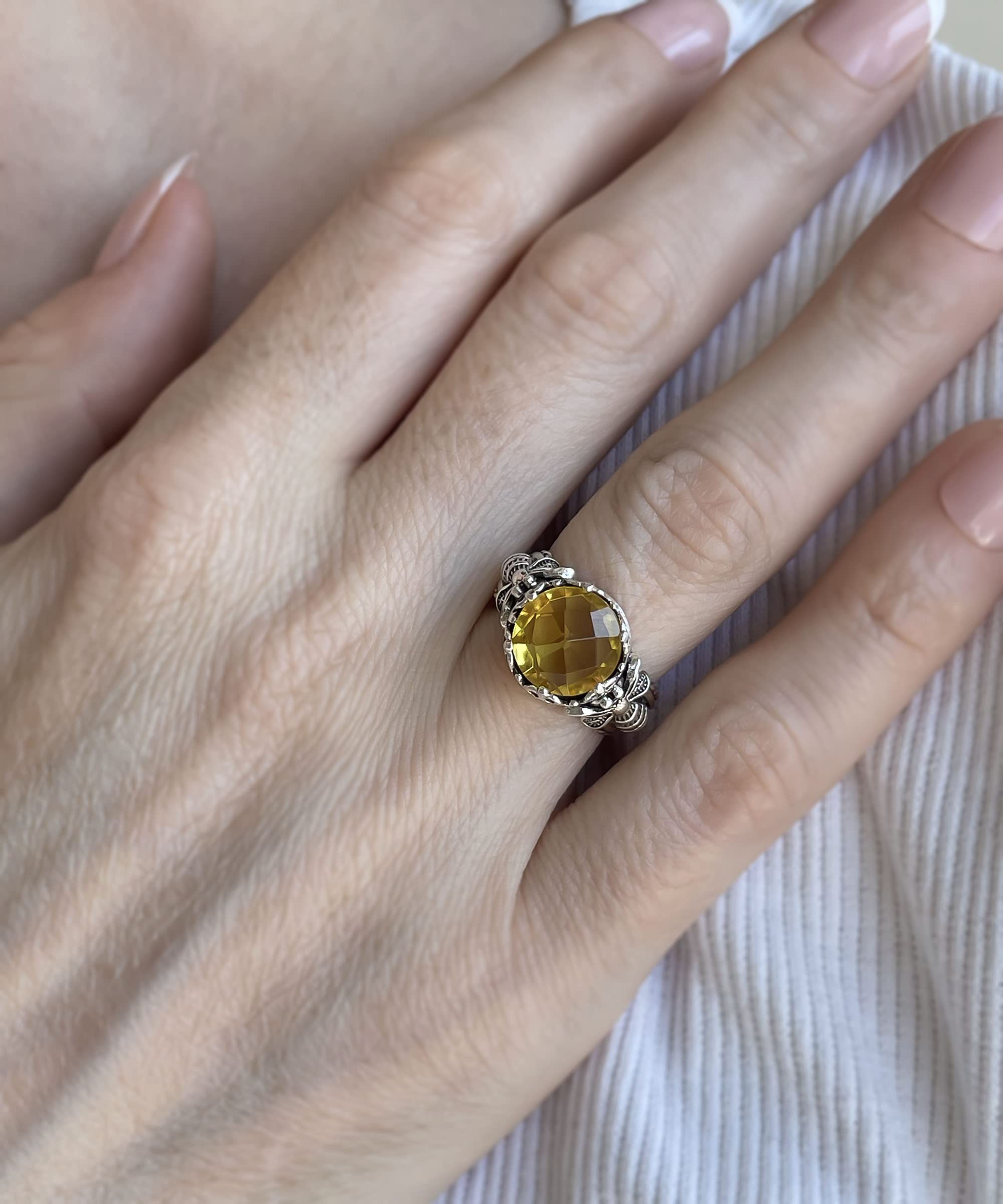 Filigranist 925 Sterling Silver Filigree Art Queen Bee Detailed Gemstone Women Cocktail Ring, Luxurious Gift Boxed (Citrine, 6)