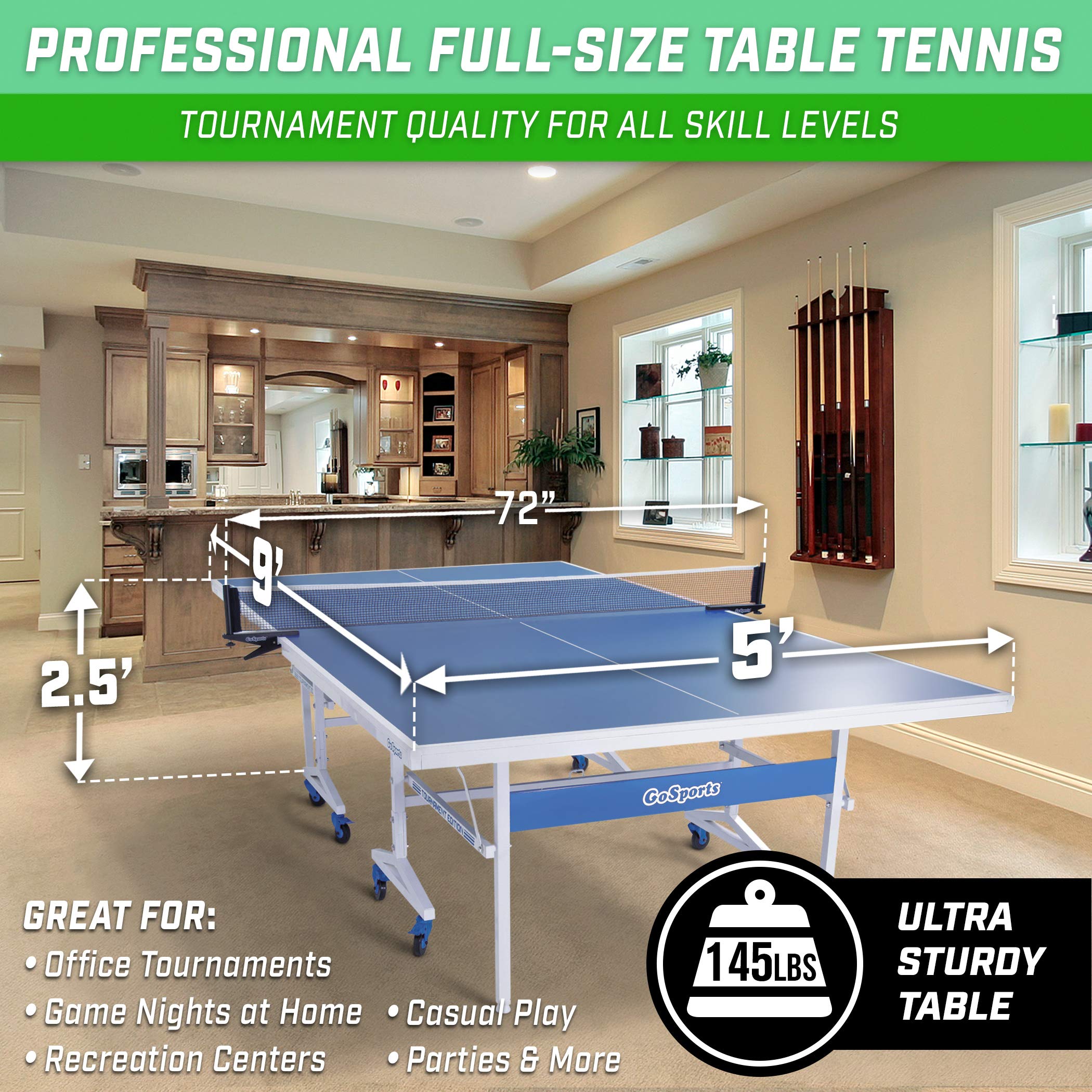 GoSports Tournament Table Tennis Set β Choose Indoor or Outdoor Table, Includes Net, 2 Paddles, and 3 Balls with Case