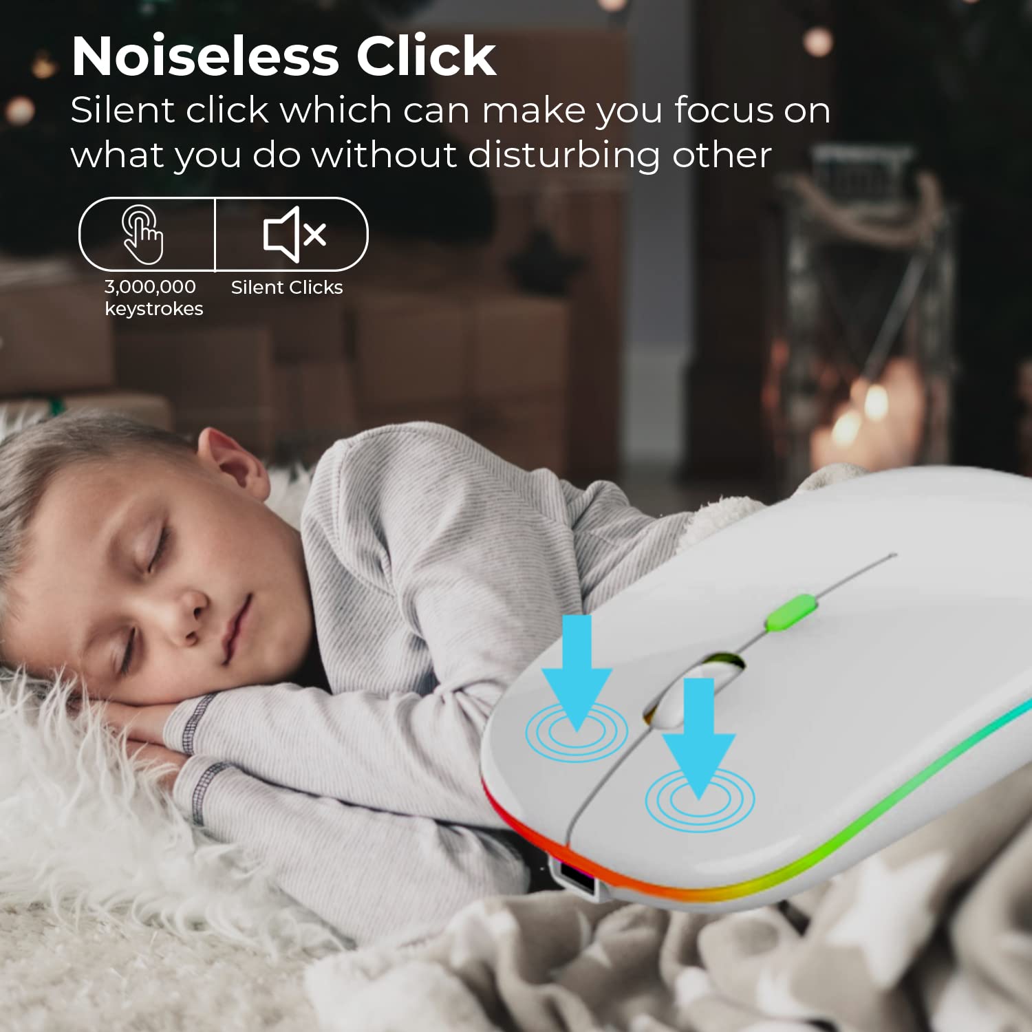 GLOBAL TECH LED Wireless Mouse, Slim Rechargeable Wireless Silent Mouse, 2.4G Portable USB Optical Wireless Cordless Mice with USB Receiver for Laptop, PC, Computer, Mac (White)