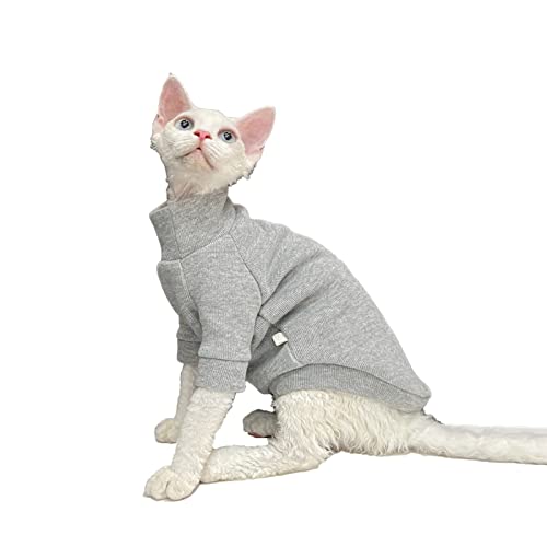Sphynx Hairless Cat Clothes Autumn Thicken Soft Turtleneck Hoodies Solid Color Cotton Pullover Cat Sweatshirt Pet Clothes (XL（8.8-11lbs）, Grey)